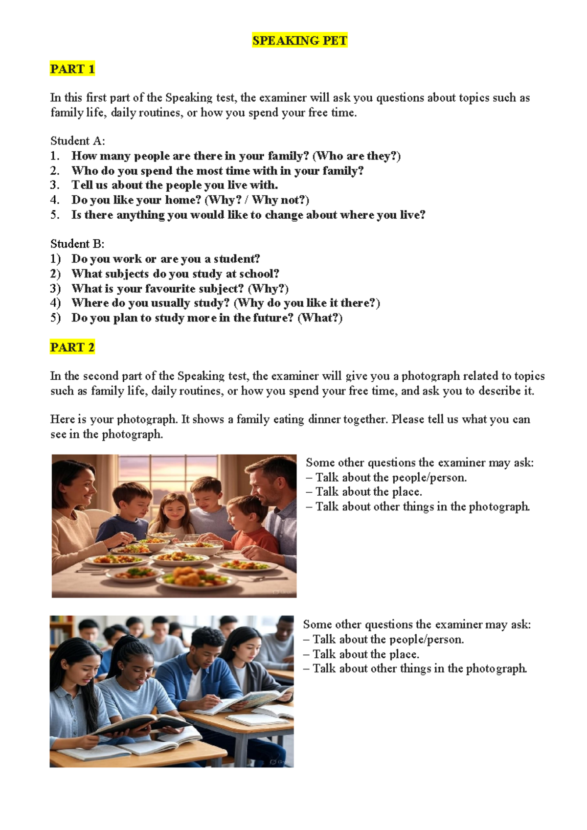Speaking PET S1 - Part 1 & 2 Practice Guide - Studocu