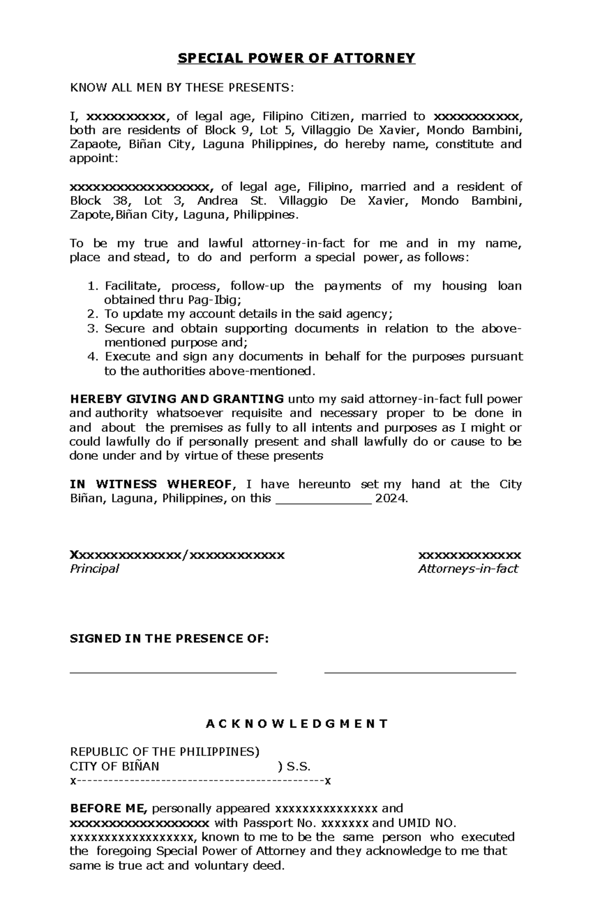 SPA-Special Power of Attorney Document Template - Studocu