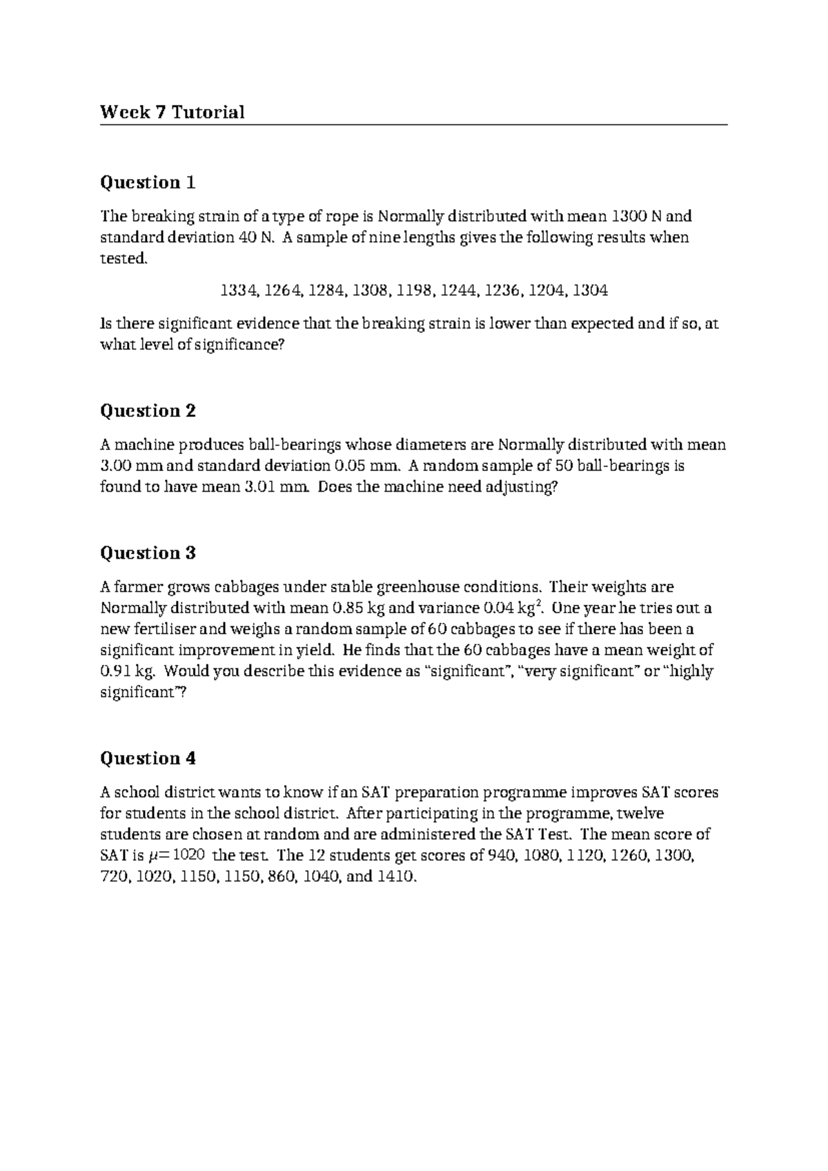 Statistical Analysis Tutorial Questions (Week 7) - Studocu