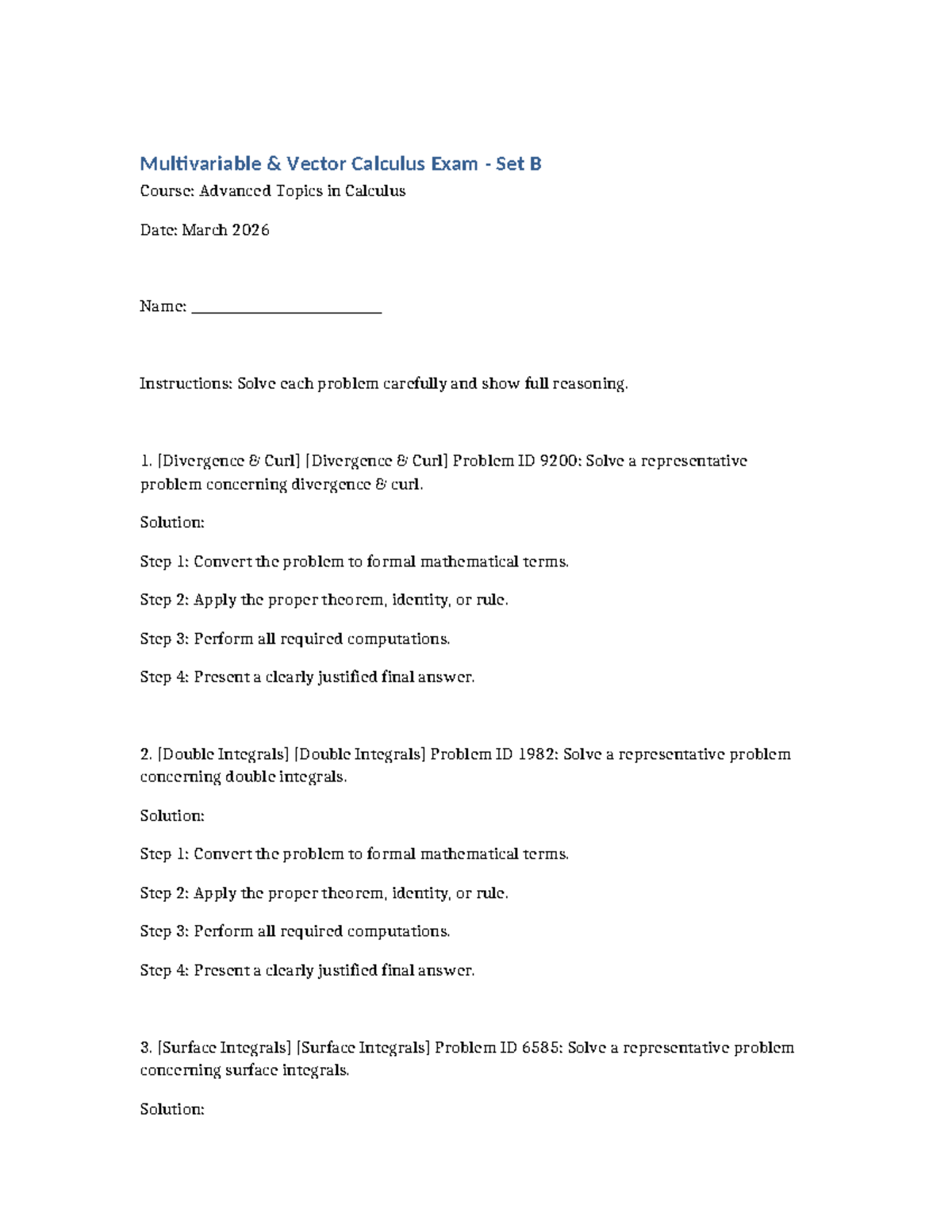Math 7483 Multivariable Vector Calculus Exam Set B Solutions - Studocu