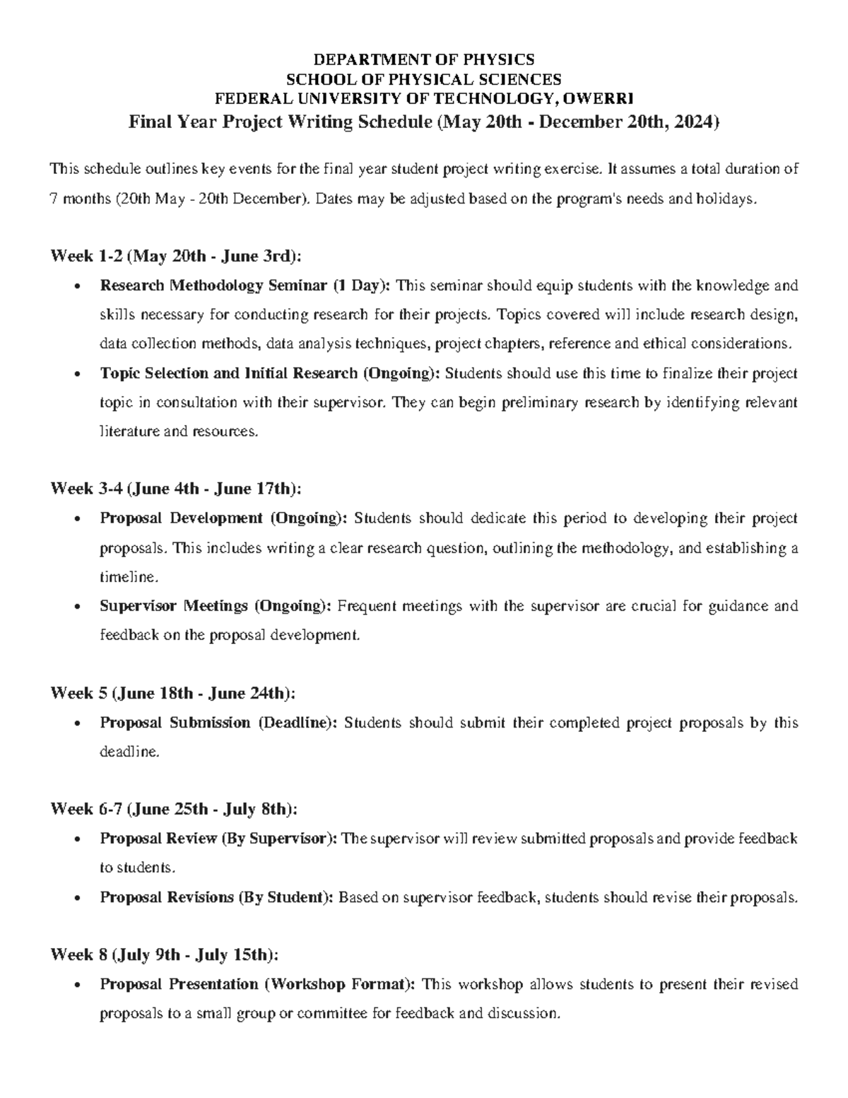 PHYS 401 Final Year Project Timeline (May 20 - Dec 20, 2024) - Studocu