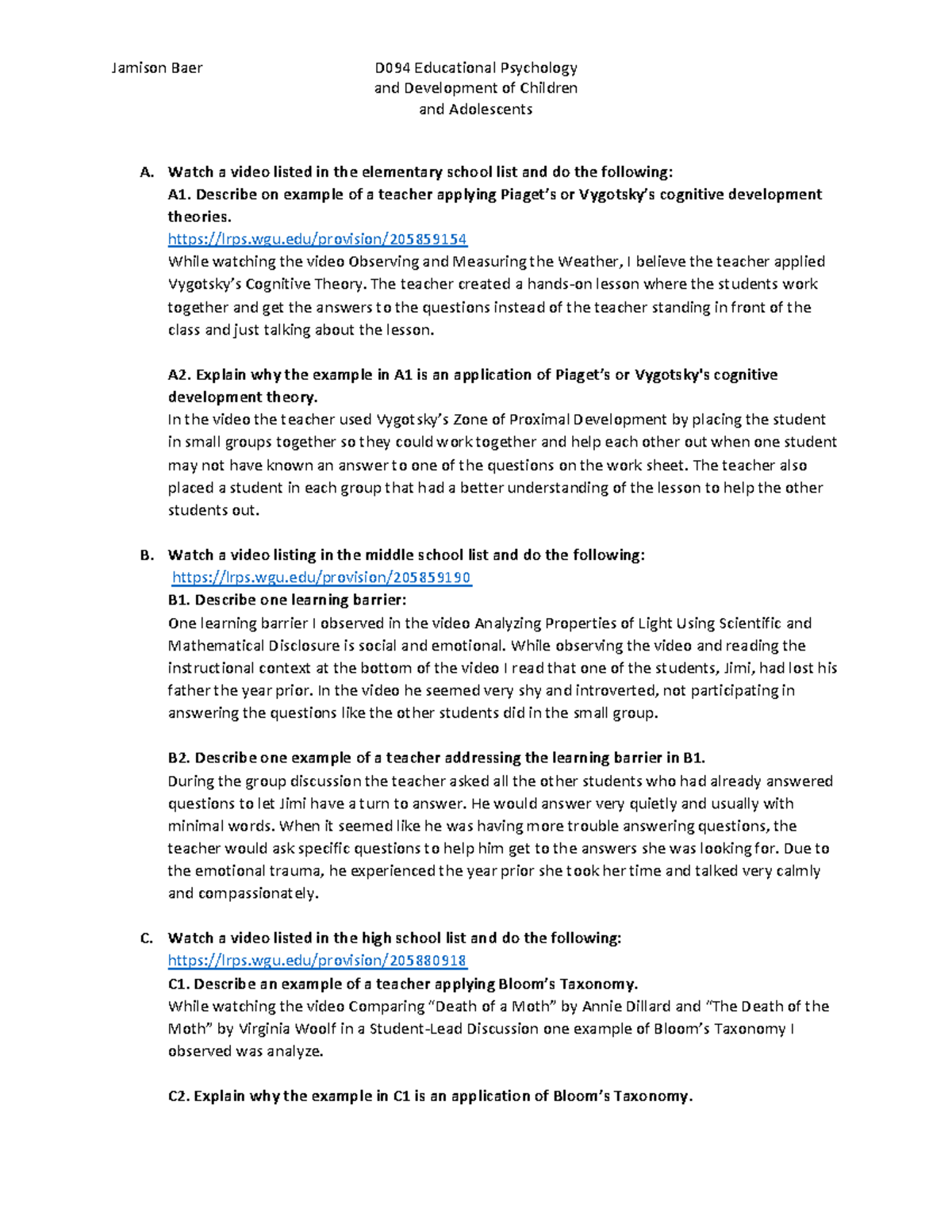 Task 1 Reflection in D094 Educational Psychology Class - Studocu