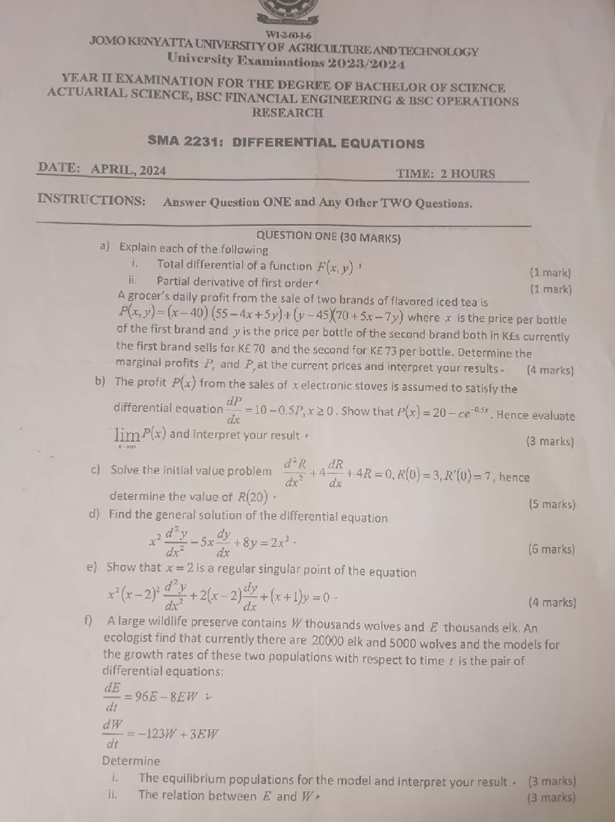 SMA 2231: ODE Lecture Notes for April 2024 Exam - Studocu