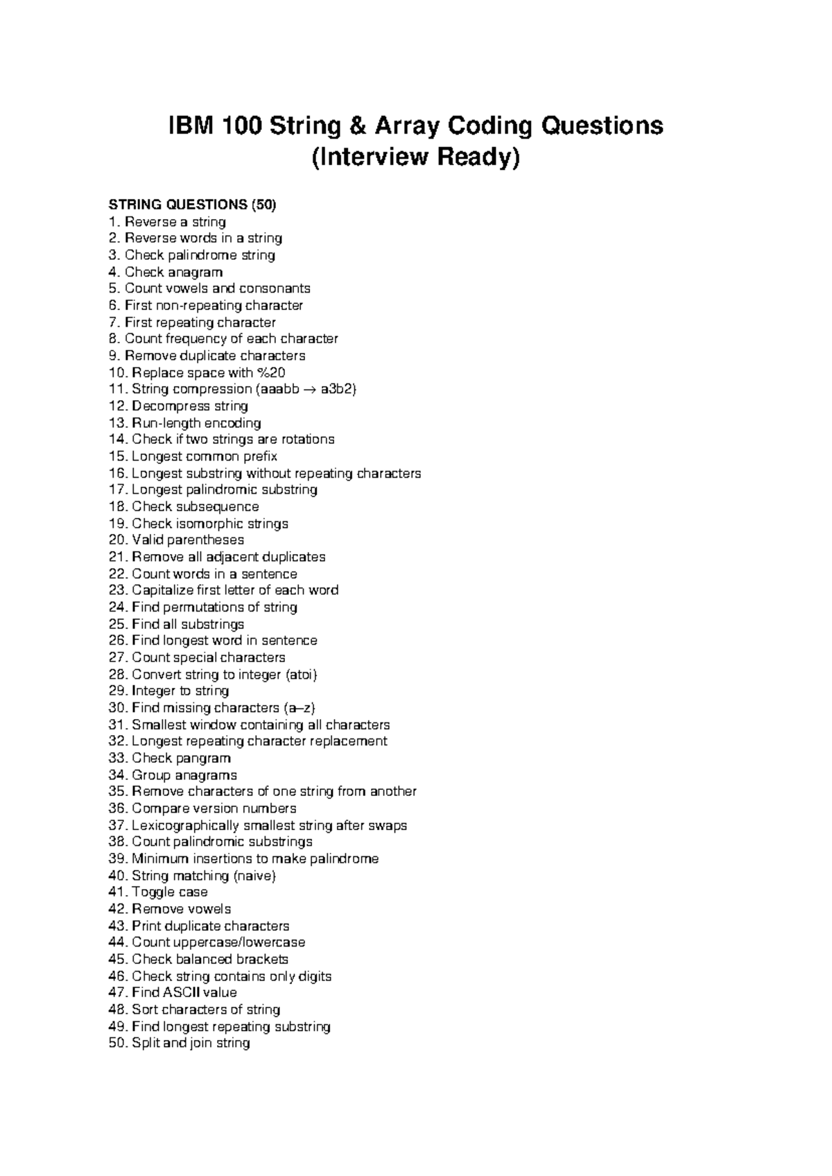 IBM 100 String Array Coding Questions (Interview Prep) - Studocu