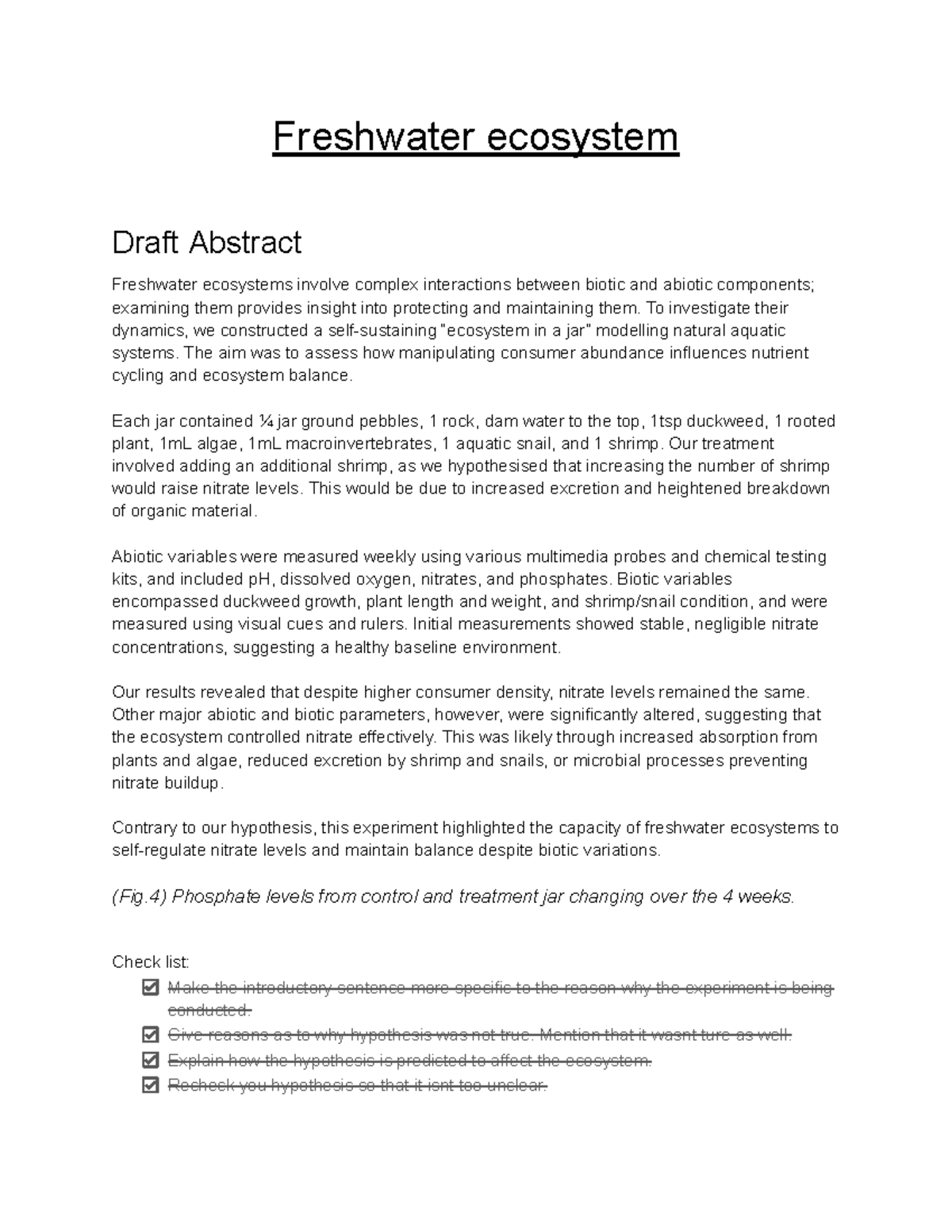 Nature & Evolution - Assessment 2: Freshwater Ecosystem Dynamics Study ...