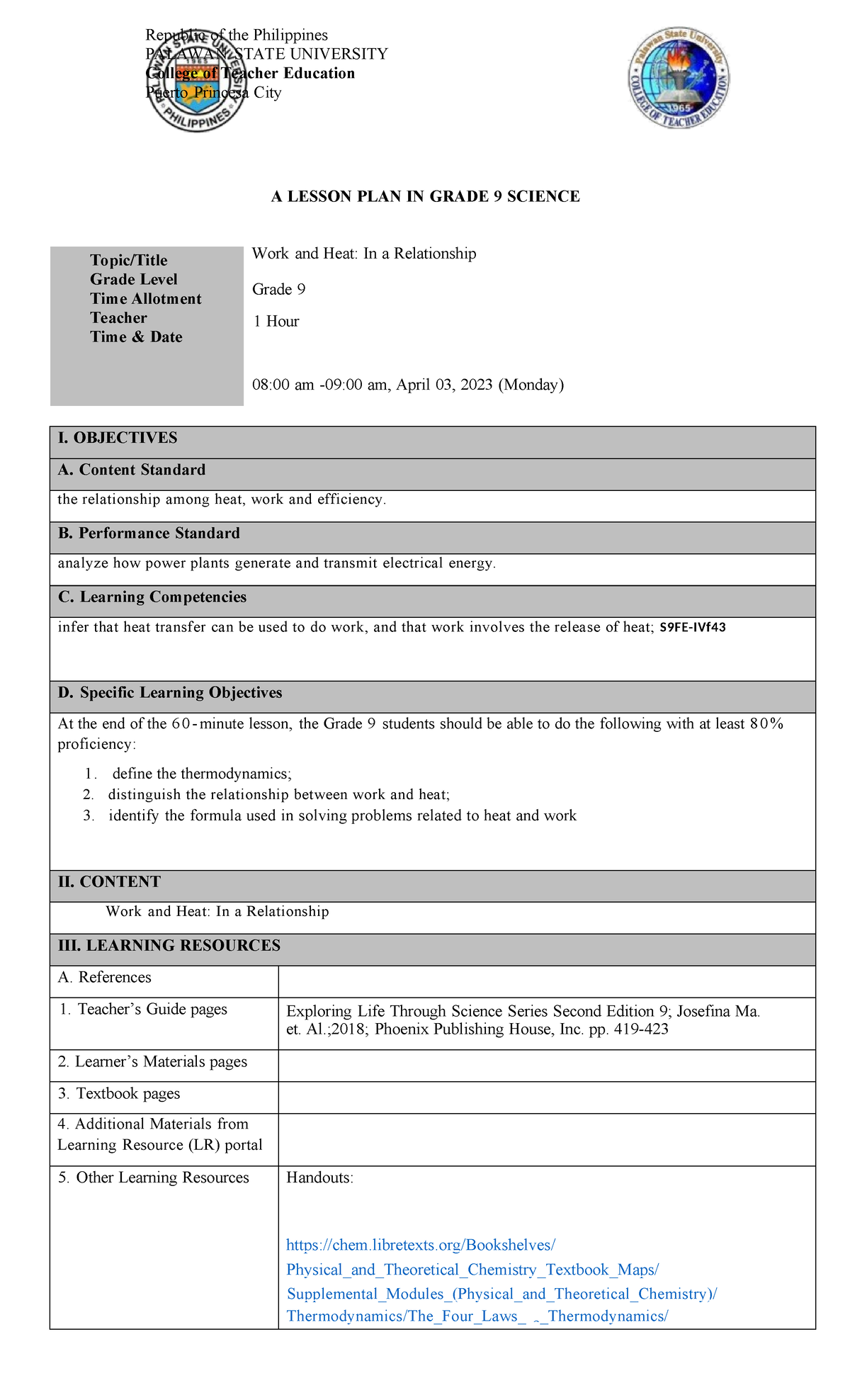 Lesson Plan Work and Heat - o Topic/Title Grade Level Time Allotment ...