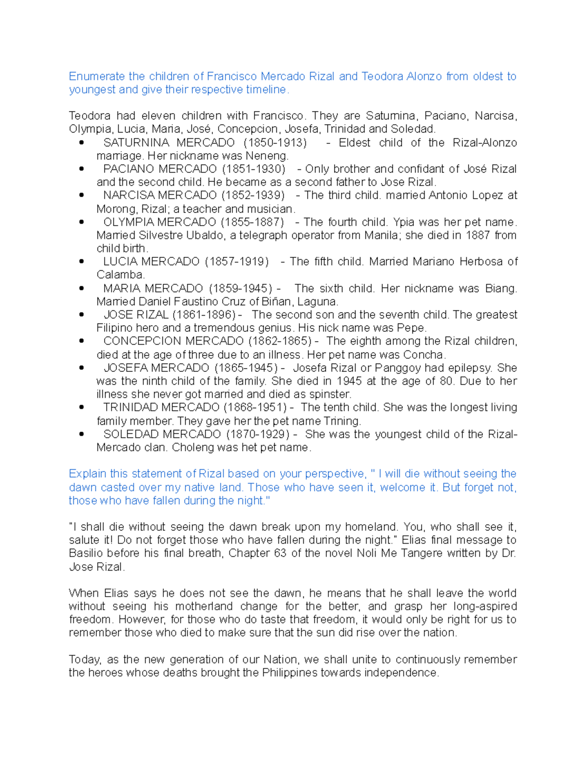 Enumerate the children of Francisco Mercado Rizal and Teodora Alonzo ...