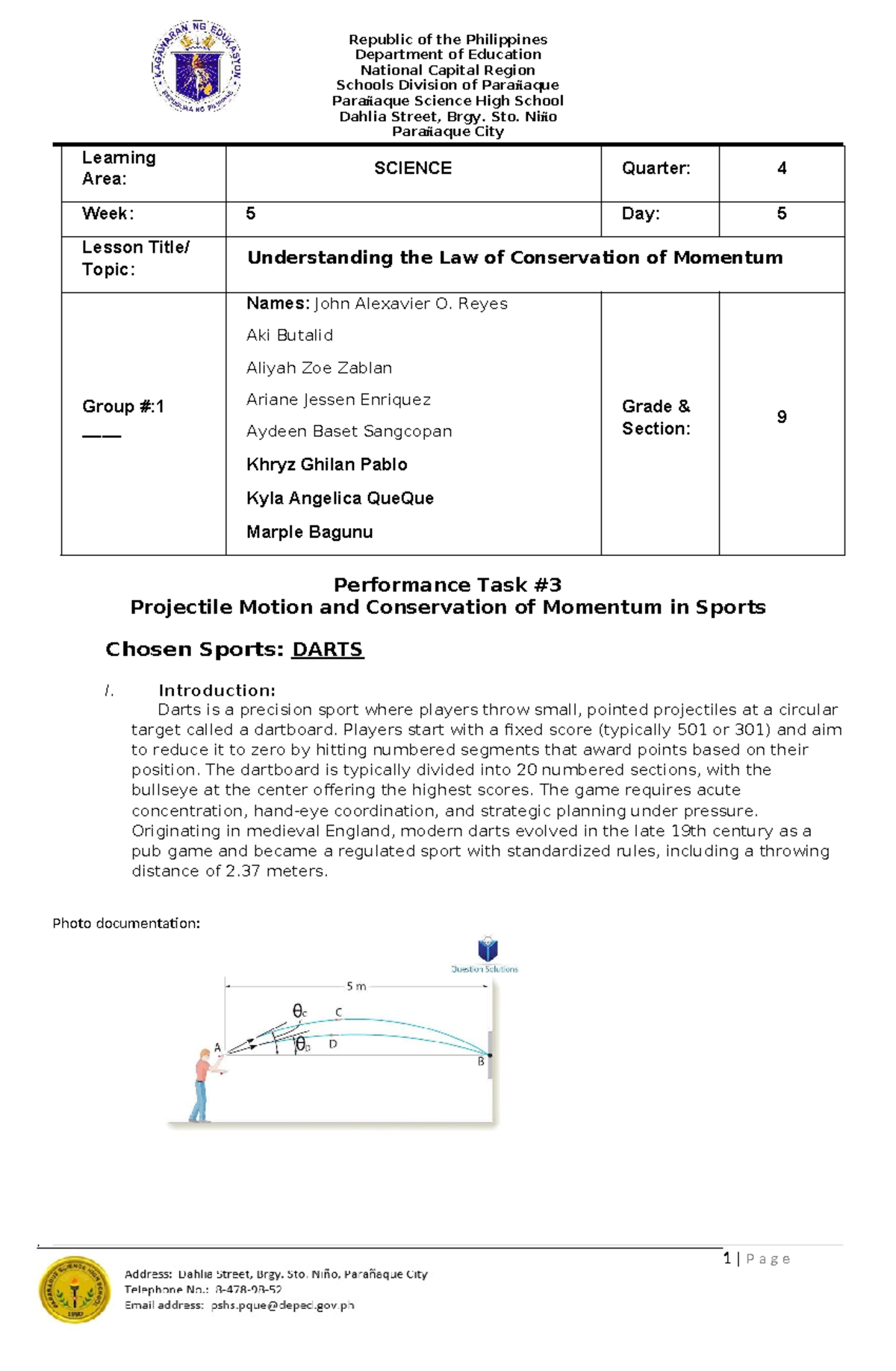 AS4-Q4-Science-9-Performance Task: Projectile Motion in Darts - Studocu
