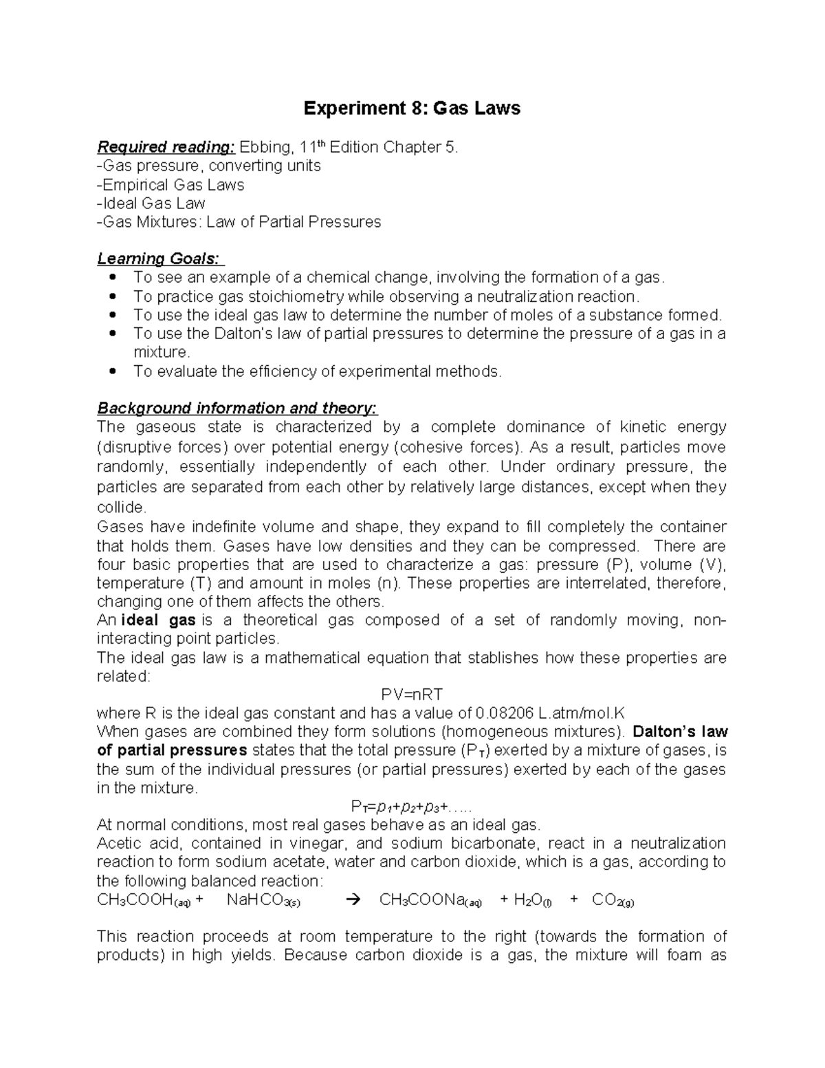 Experiment 8: Gas Laws Lab Report - Stoichiometry & Pressure Analysis ...