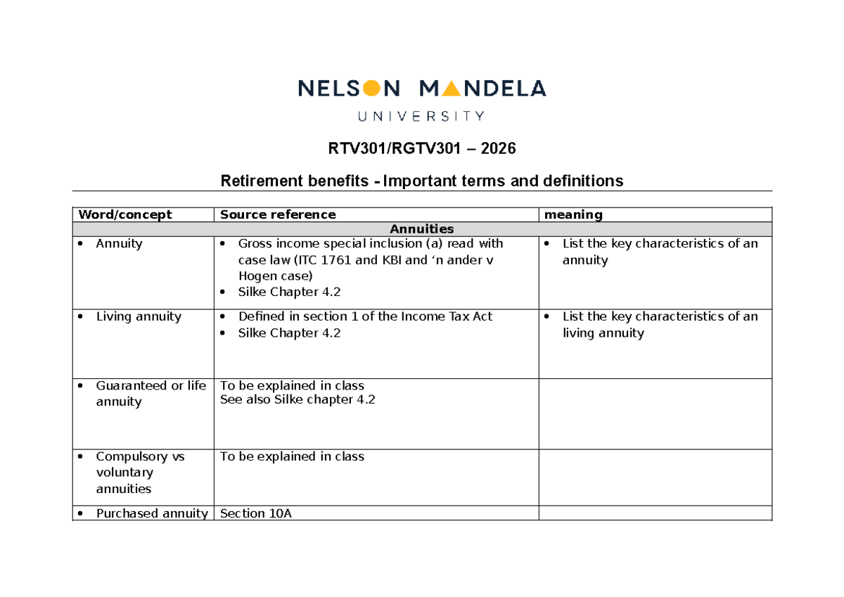 RTV301 Retirement Benefits: Key Terms & Definitions - Studocu