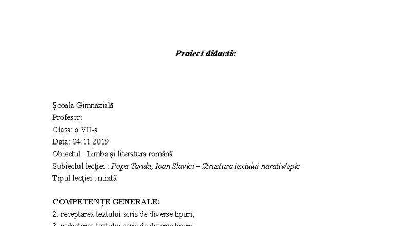 Proiect didactic: Lecția despre "Popa Tanda" - Limba și literatura ...