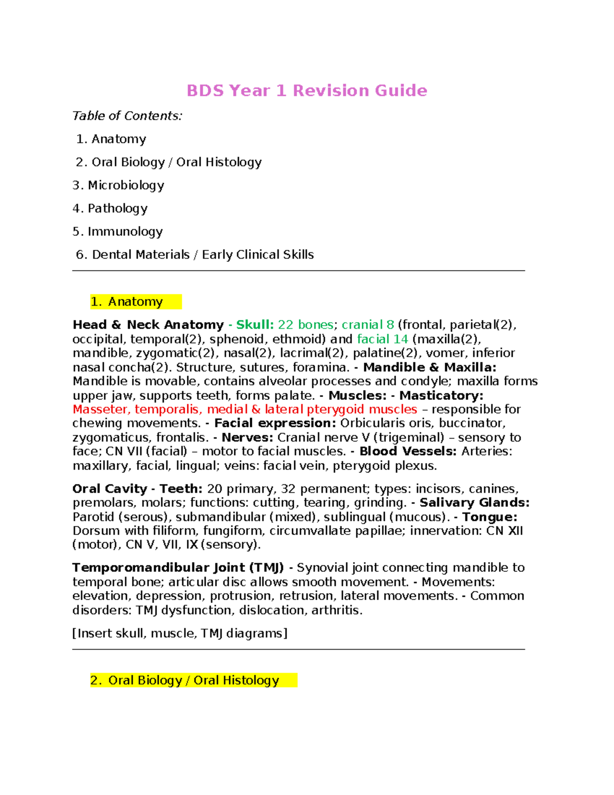 BDS Year 1 Revision Guide: Comprehensive Study Notes - Studocu