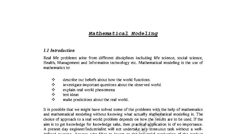 Mathematical Modeling: An Introduction to Real-World Applications - Studocu
