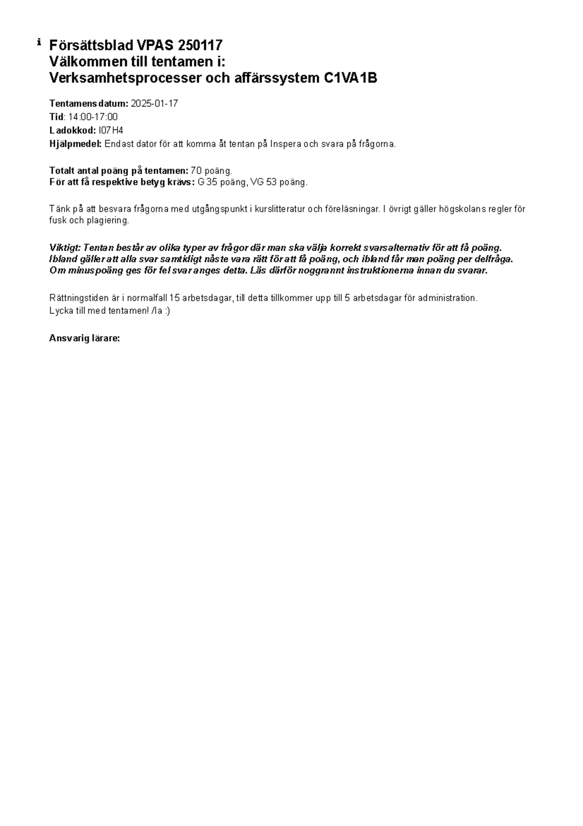 Övningstenta VPAS 250117: Verksamhetsprocesser och Affärssystem C1VA1B ...