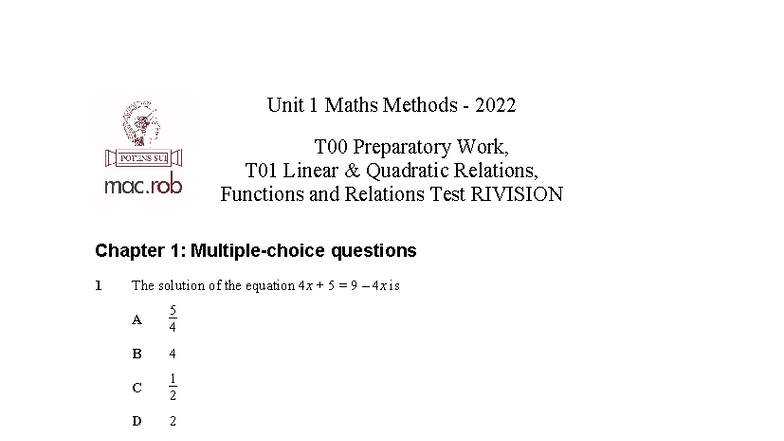 1MM 22 T00 T01 Maths Methods Revision: Chapters 1-5 MC Questions - Studocu