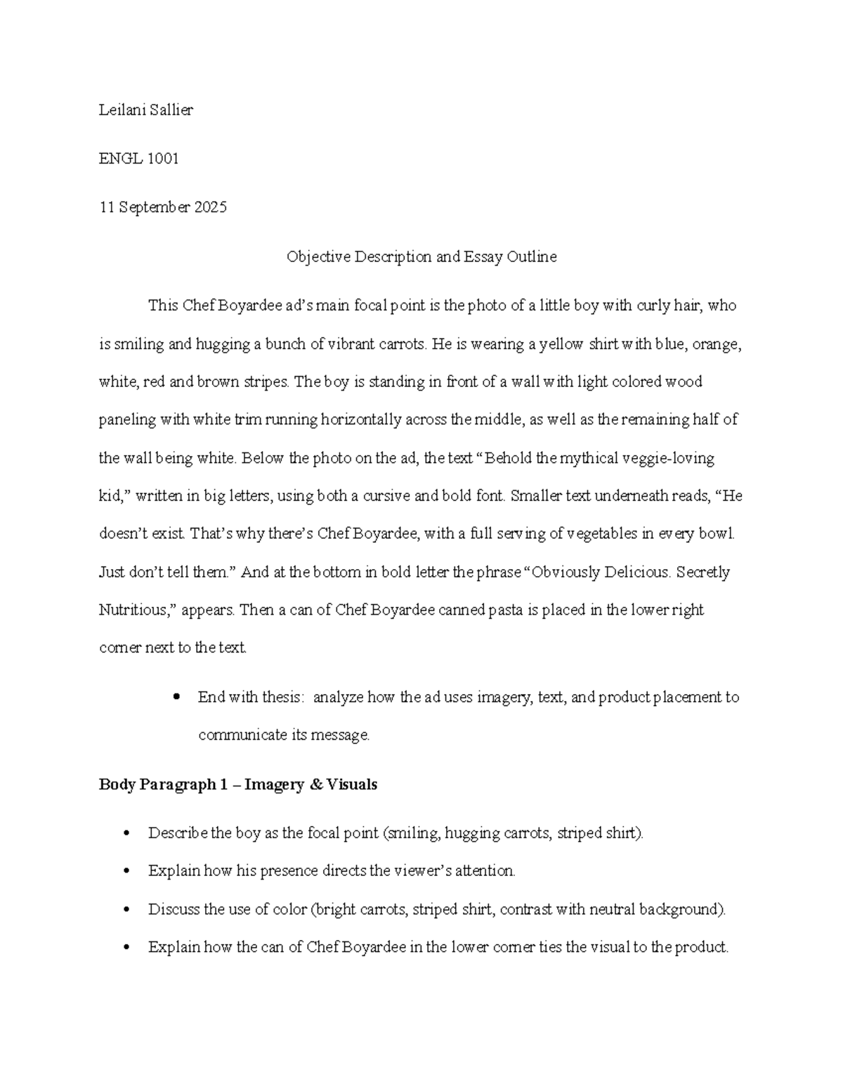 ENGL 1001 Essay Outline: Analyzing Chef Boyardee Ad Elements - Studocu