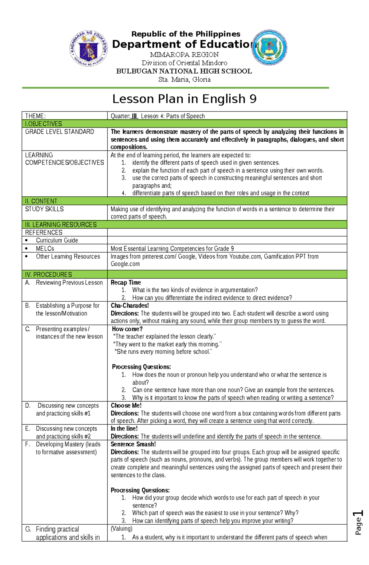 English 9 Lesson Plan: Mastering Parts of Speech - Studocu