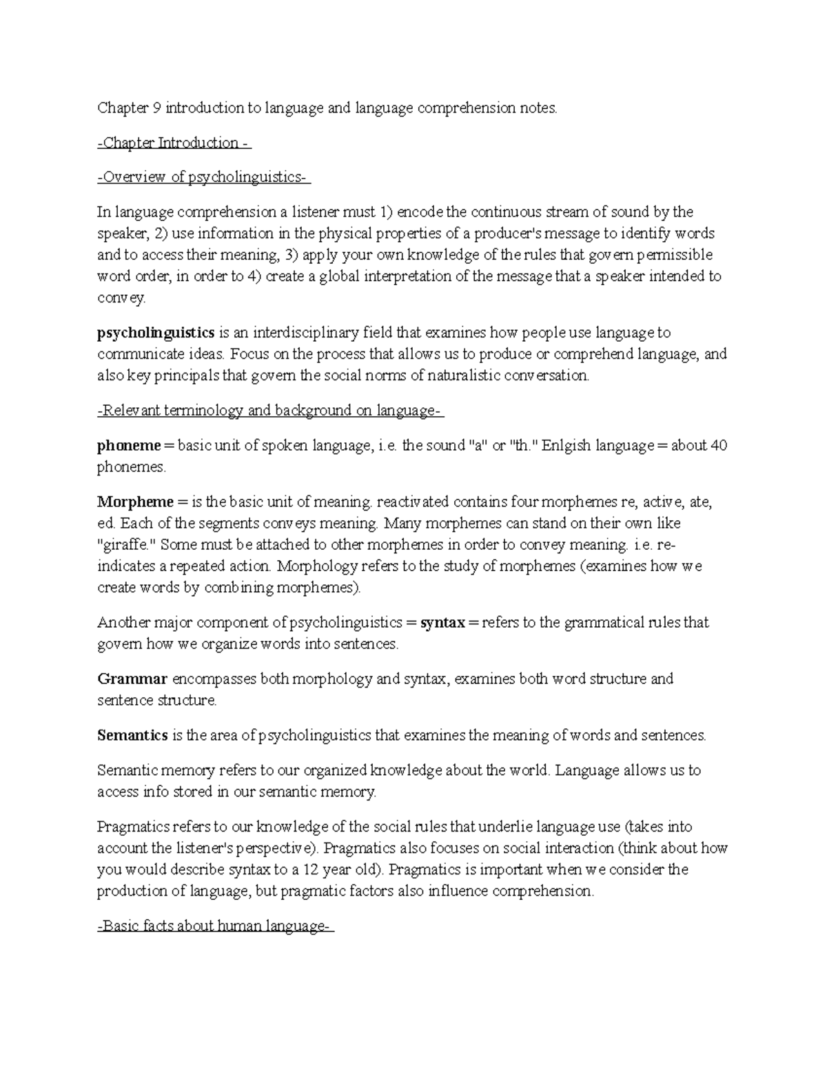 Psych 355 chapter 9 notes - Chapter 9 introduction to language and ...