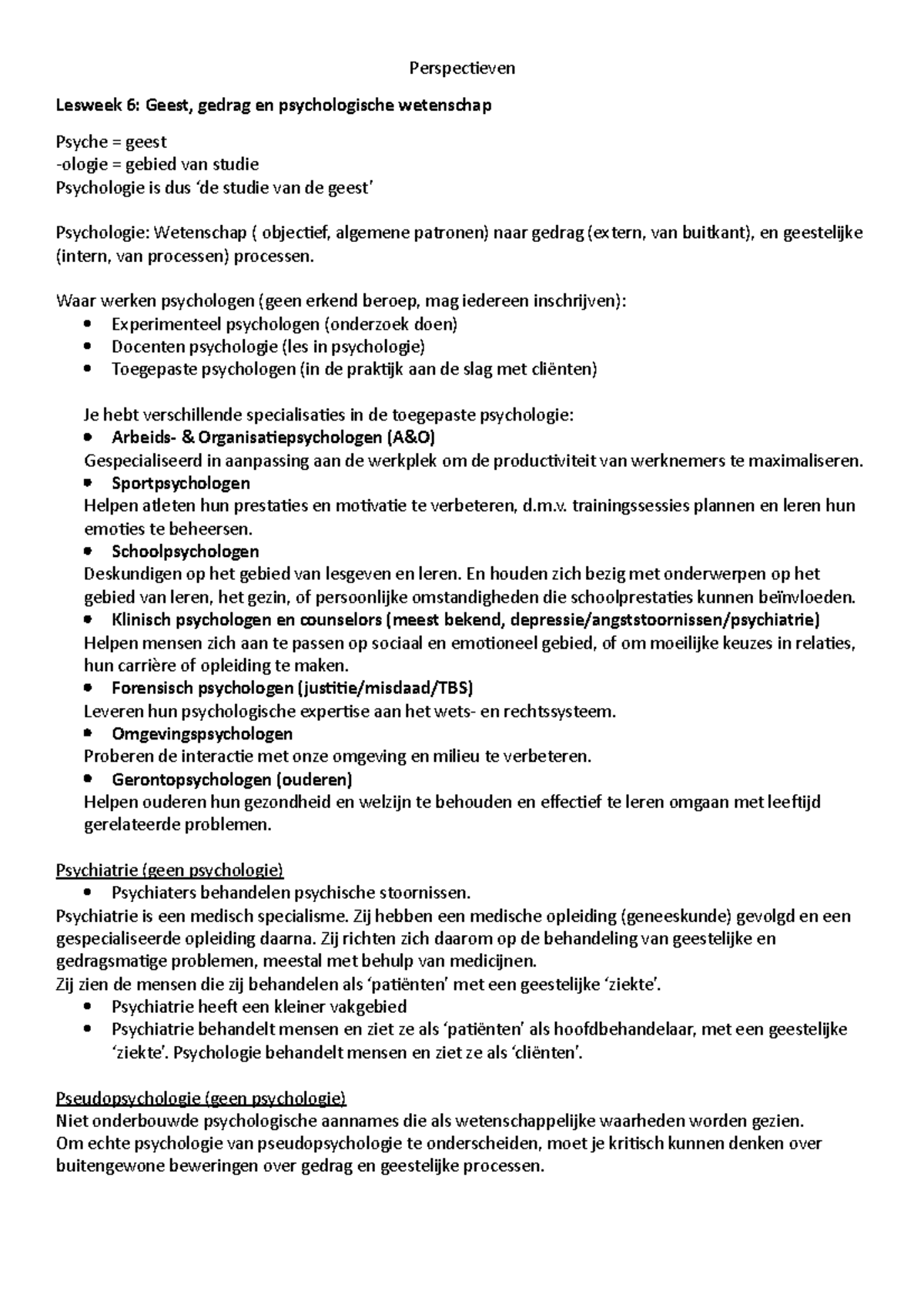 Psychologie Lesweek 6: Overzicht van Psychologische Perspectieven ...