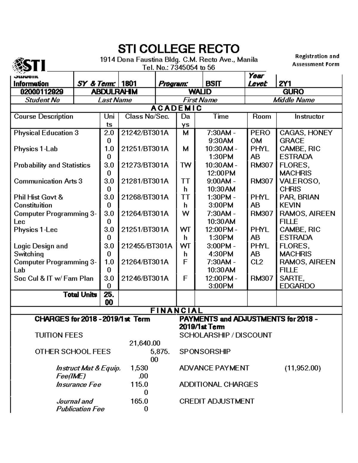 Tuition Receipt for BSIT 2Y - SY 1801, 1st Term Charges - Studocu