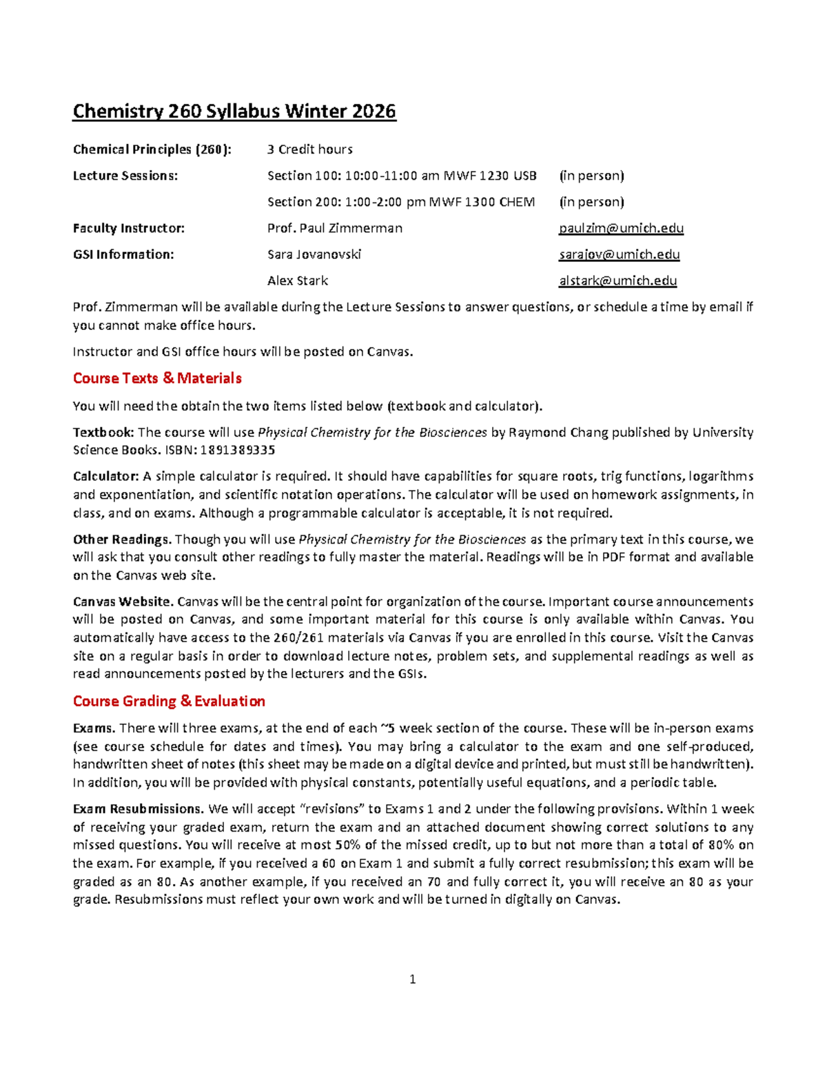Chem 260 Winter 2026 Syllabus: Chemical Principles Overview - Studocu