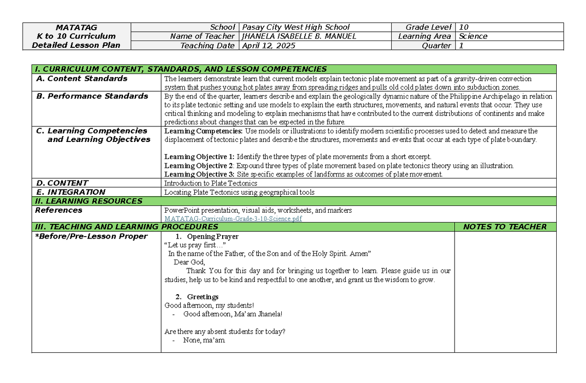 Detailed Lesson Plan for Grade 10 Science on Plate Tectonics TTL 2 ...