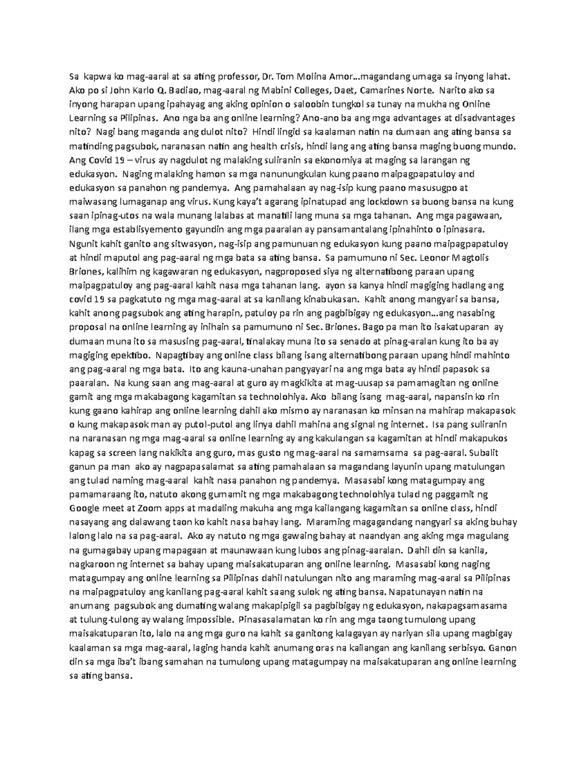 Talumpati sample - Masining na pagpapakilala - Sa kapwa ko mag-aaral at sa ating professor, Dr ...