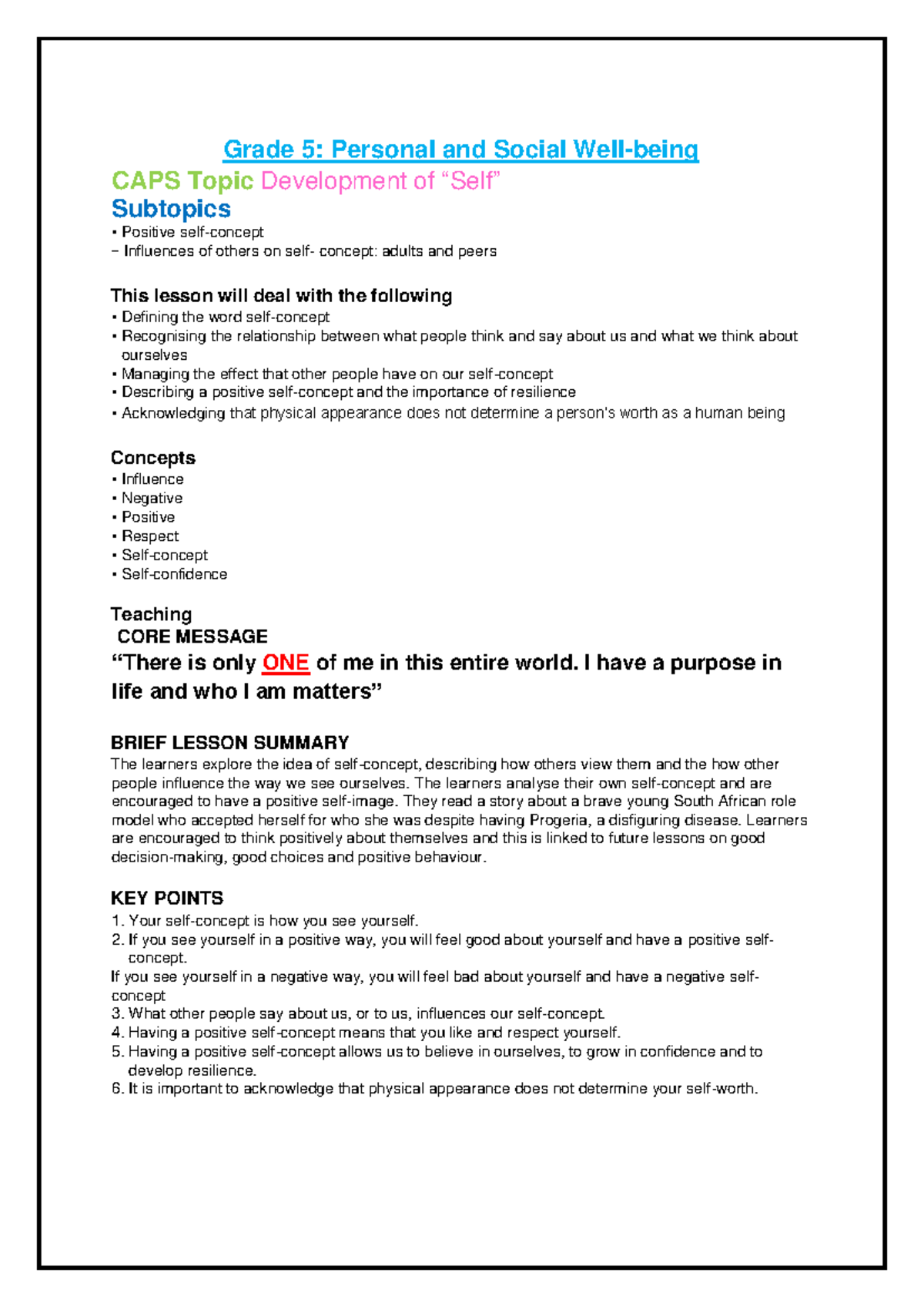Grade 5 PSW Task 3 - Lesson Plans on Positive Self-Concept - Studocu