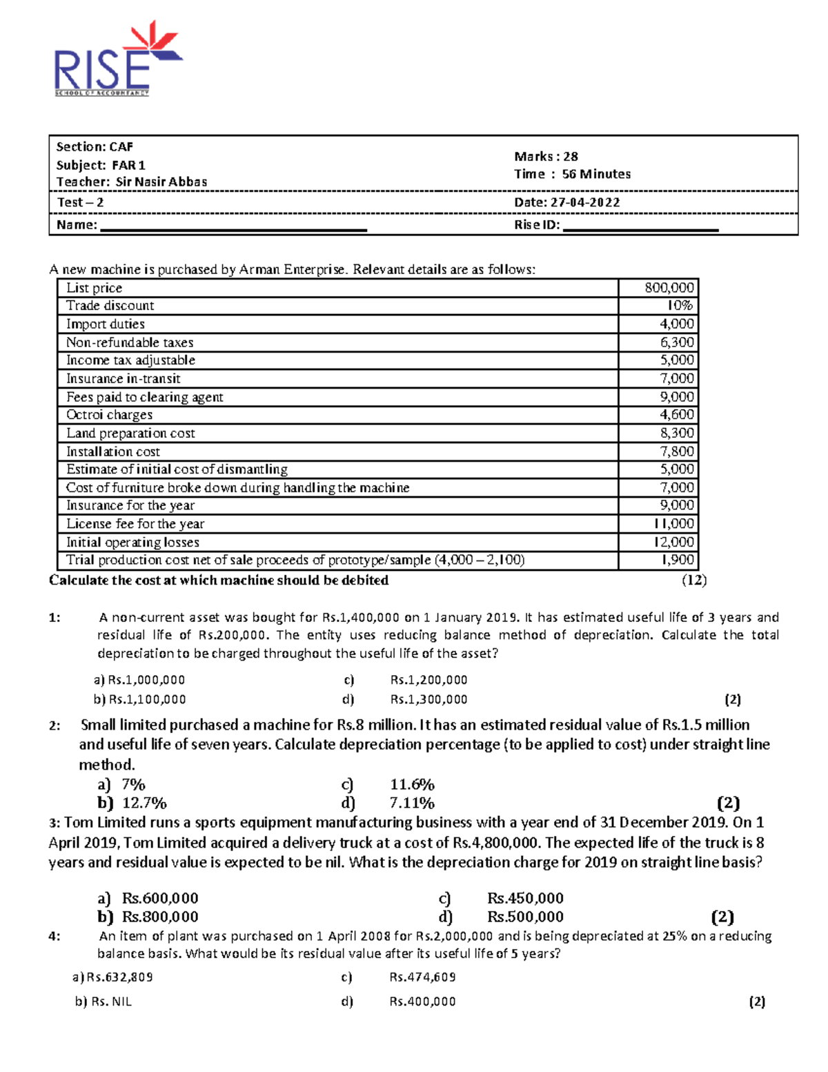 Test 2 - IAS 16 Fundamentals - SNA FAR 1 Aut 22 Analysis - Studocu