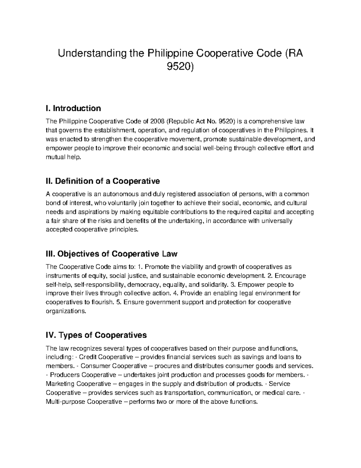 Cooperative Law Lecture Notes (RA 9520) - Understanding the Code - Studocu