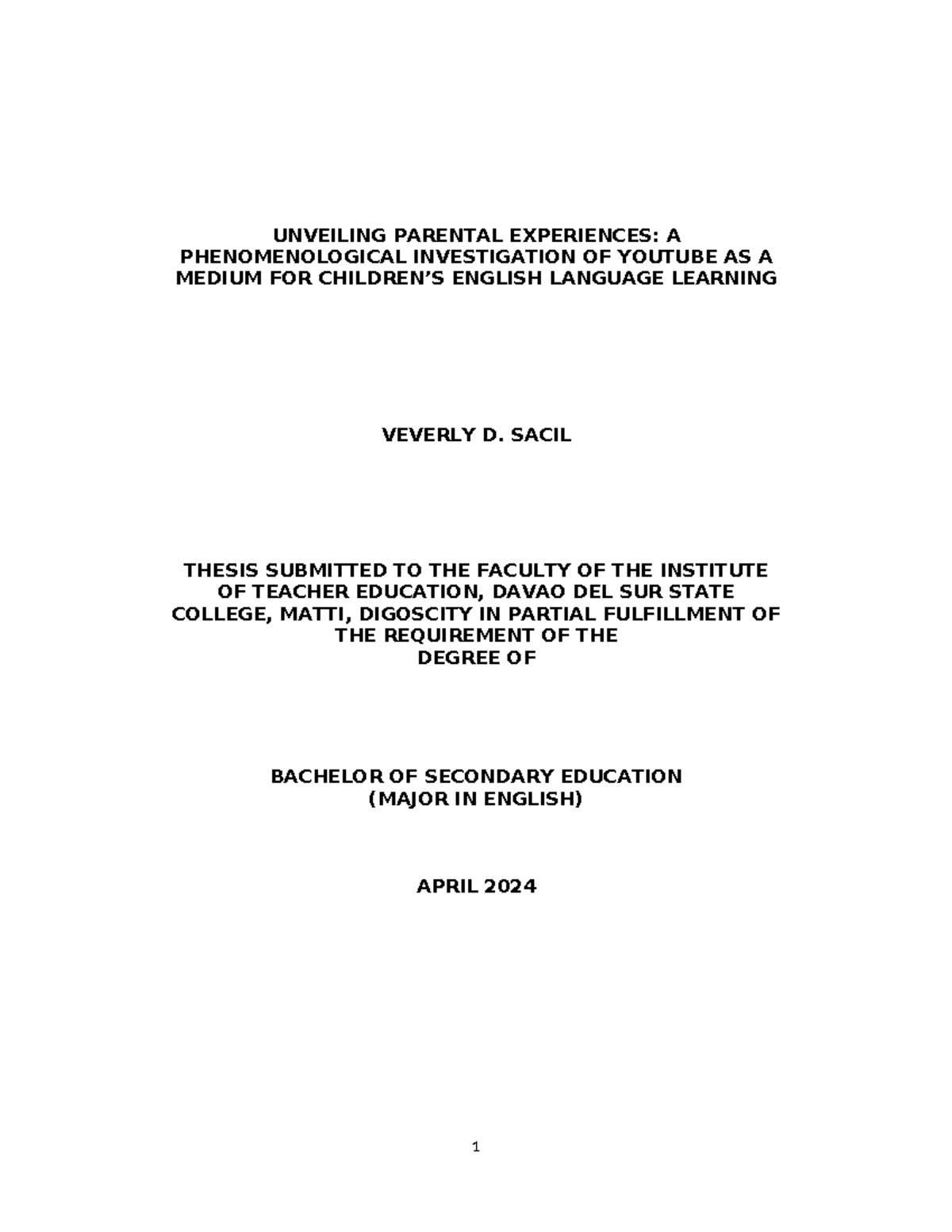 Exploring Parental Perspectives on YouTube for English Learning (BSED-ENG) - Studocu