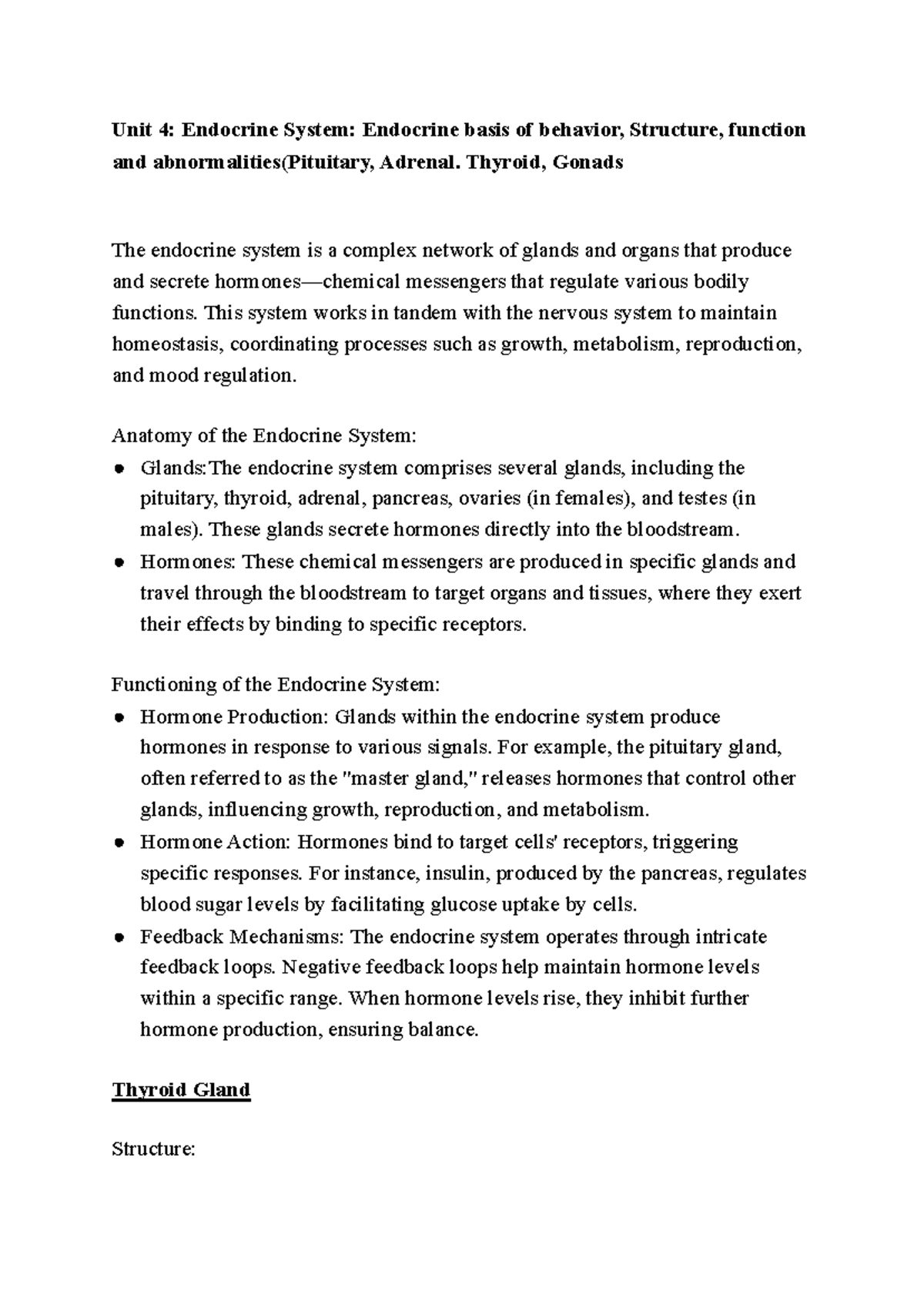 BioPsychology 202 Unit 4 Notes: Endocrine System Functions & Conditions ...