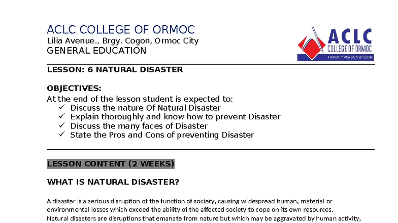NSTP CWTS 2: Lesson 7 - Understanding Natural Disasters and Management ...