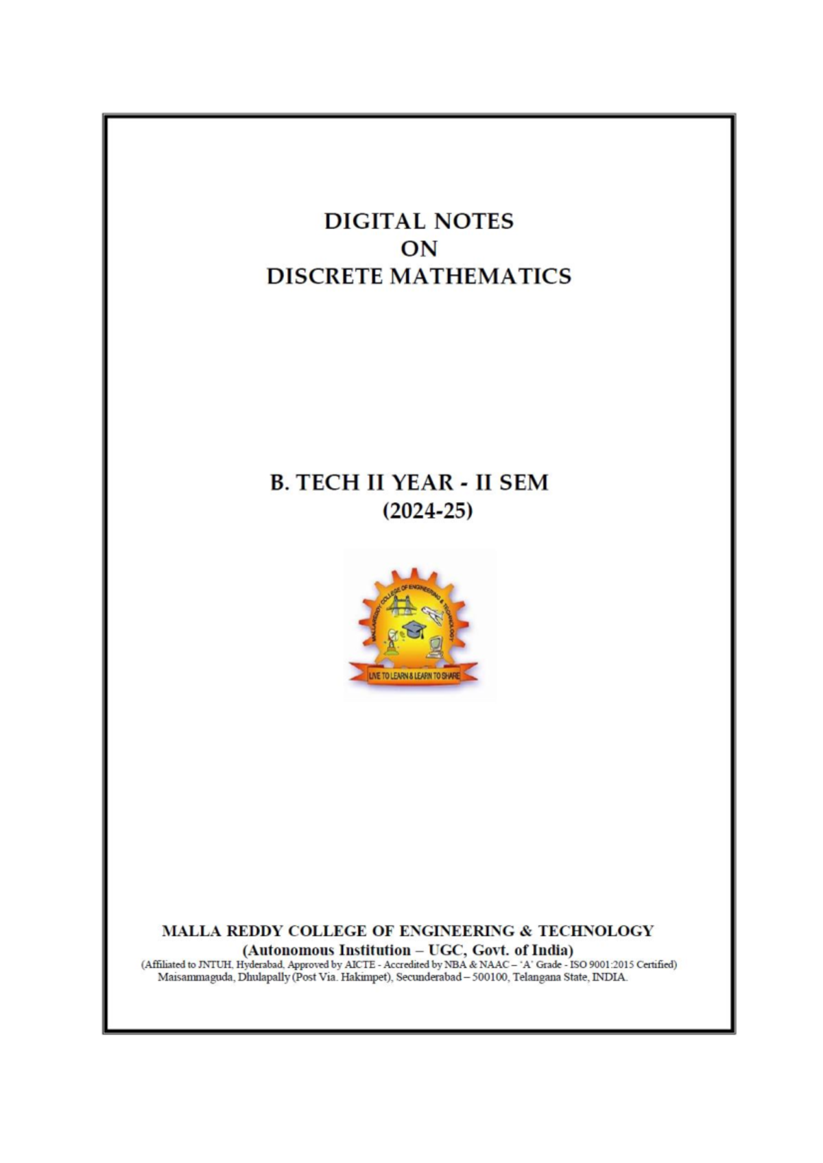 CSE (R22) 2-2 DM Digital Notes: Discrete Math Concepts and Applications ...