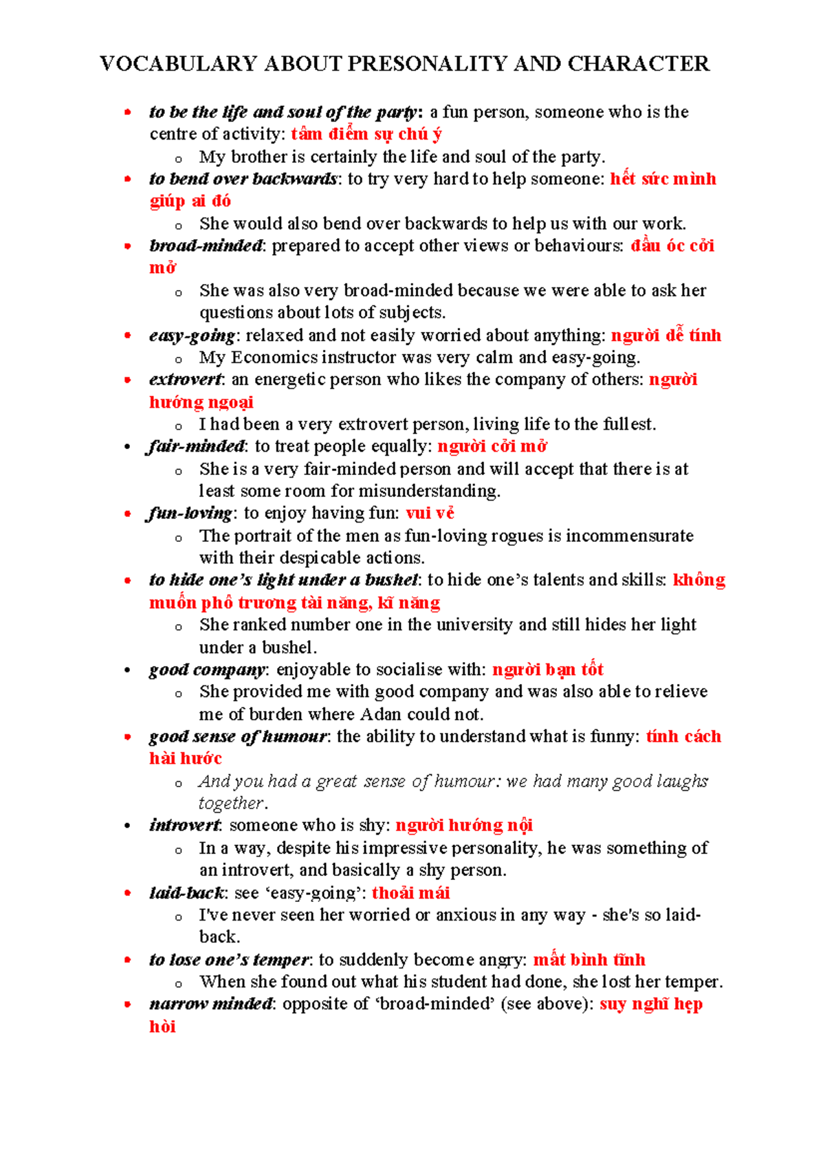 Vocabulary on Character and Personality Traits - Studocu