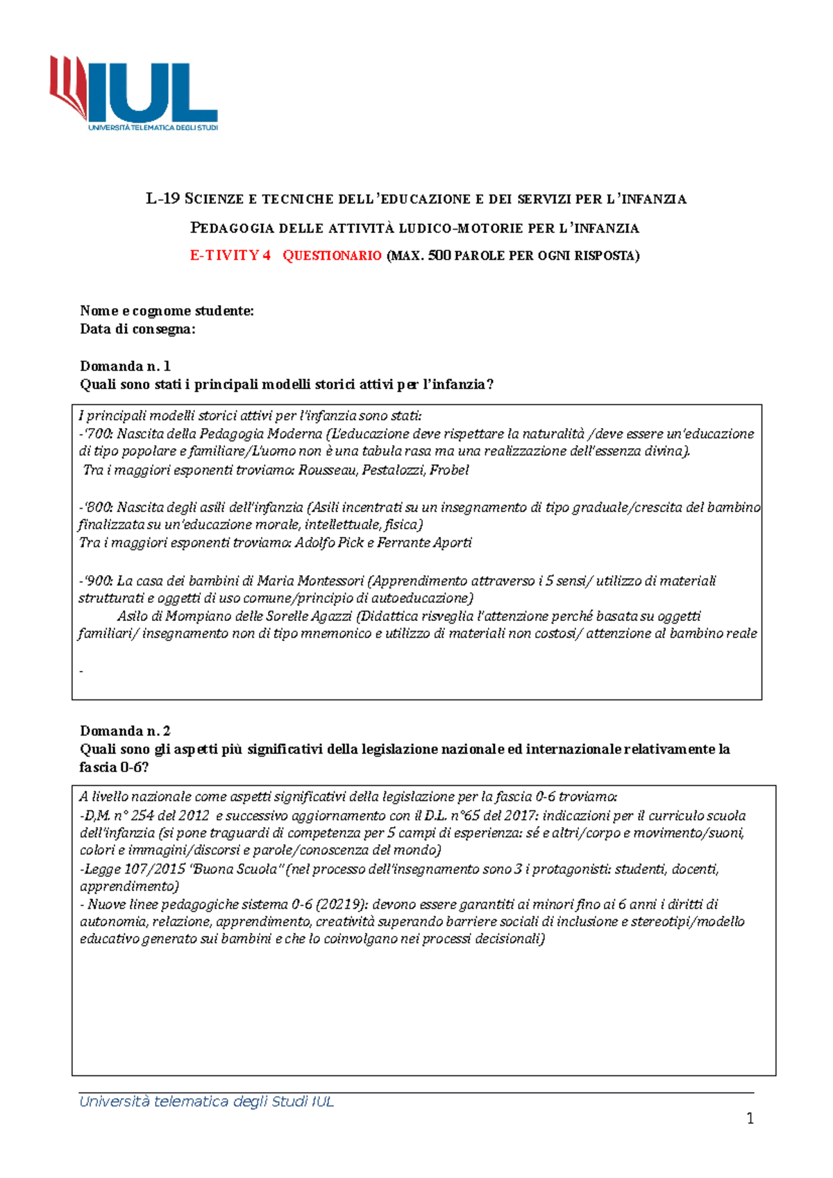 E-tivity 4: Modelli Storici e Legislazione per l'Infanzia - Studocu