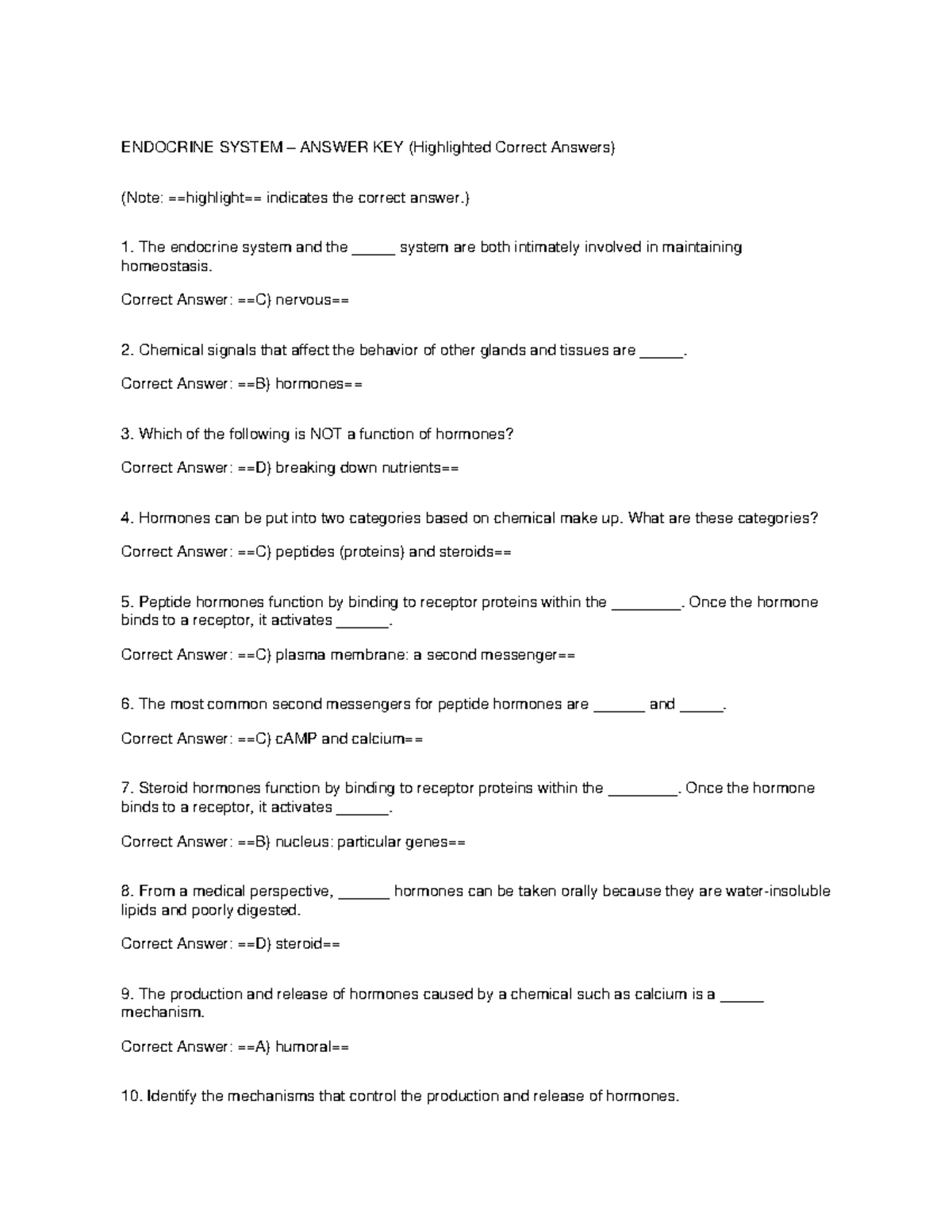 ENDOCRINE SYSTEM ANSWER KEY (Highlighted Correct Answers) - Studocu