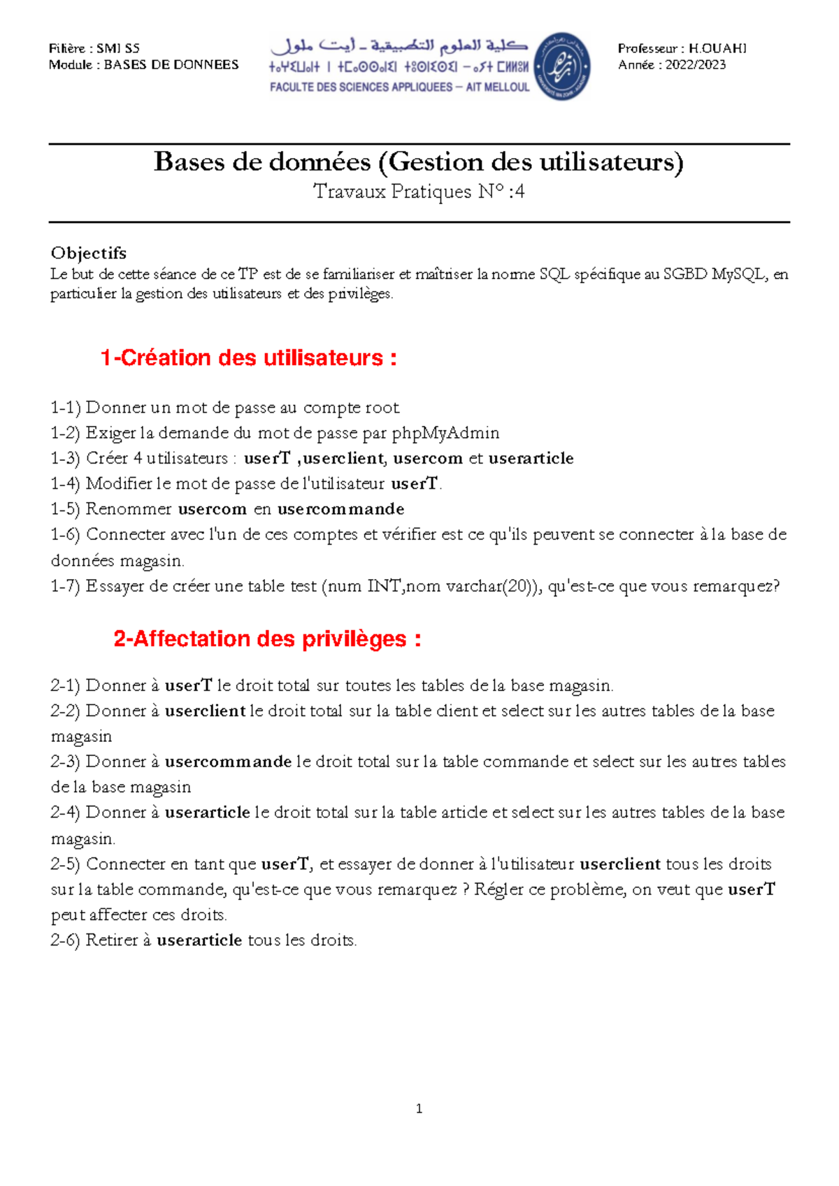 Tp4 BD Mysql Gestion des utilisateurs - 1 Bases de données (Gestion des utilisateurs) Travaux ...