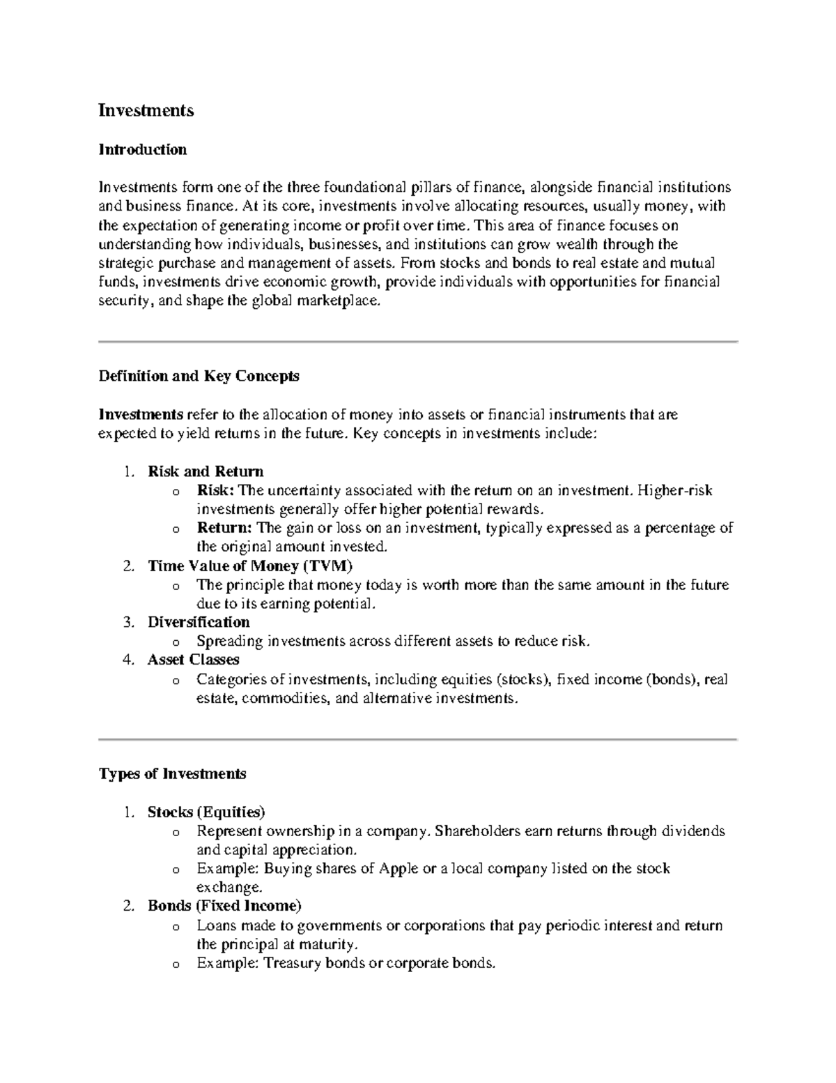 Investments - Investments Introduction Investments form one of the ...