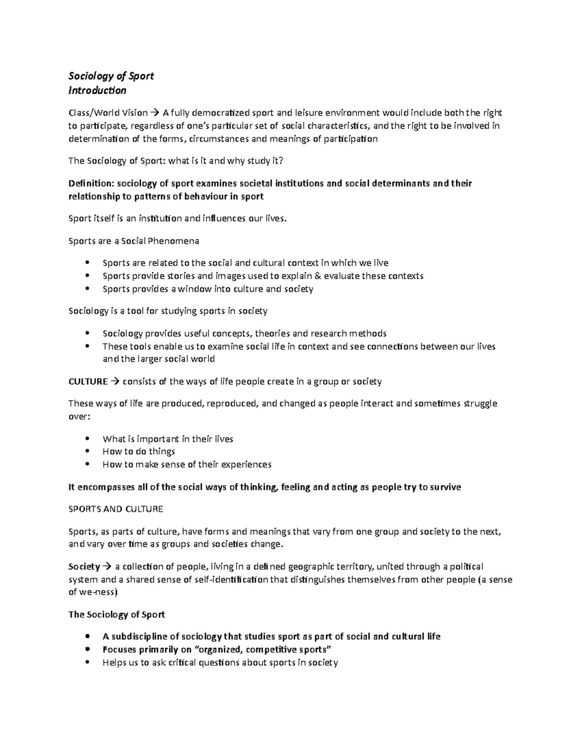 Sociology of Sport - Lecture Notes on Key Concepts and Issues (1-10 ...