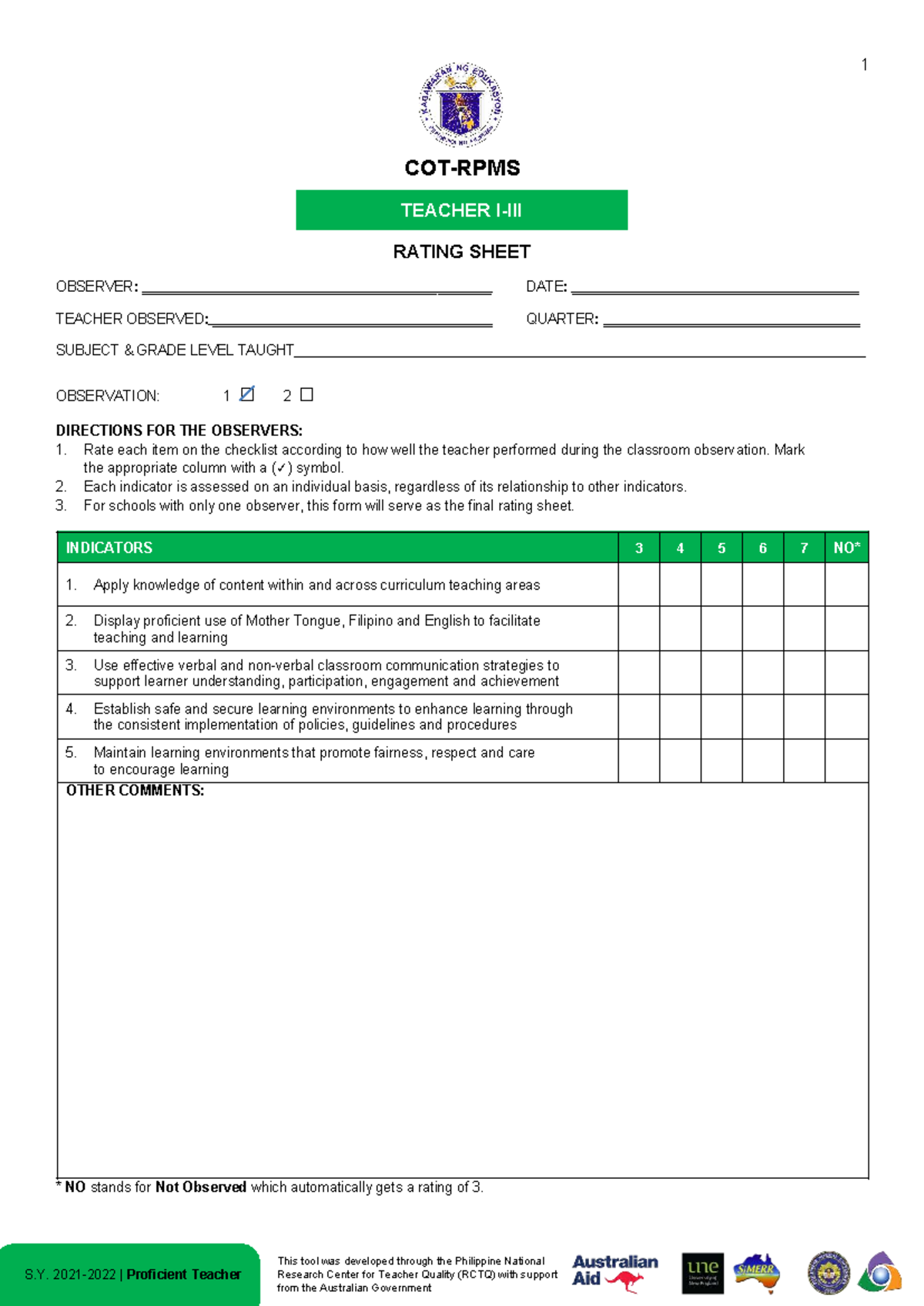 Teacher Observation Rating Sheet Template (CO T1 3) - Studocu