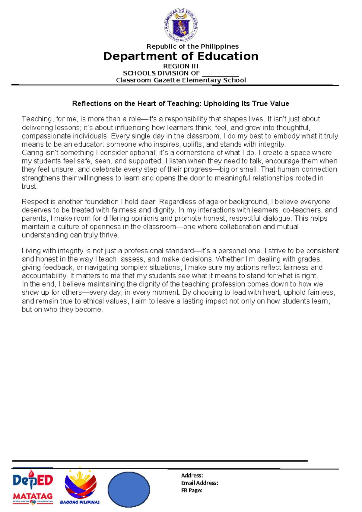 Reflections on Teaching: Upholding Values in Education (OBJ. 14) - Studocu