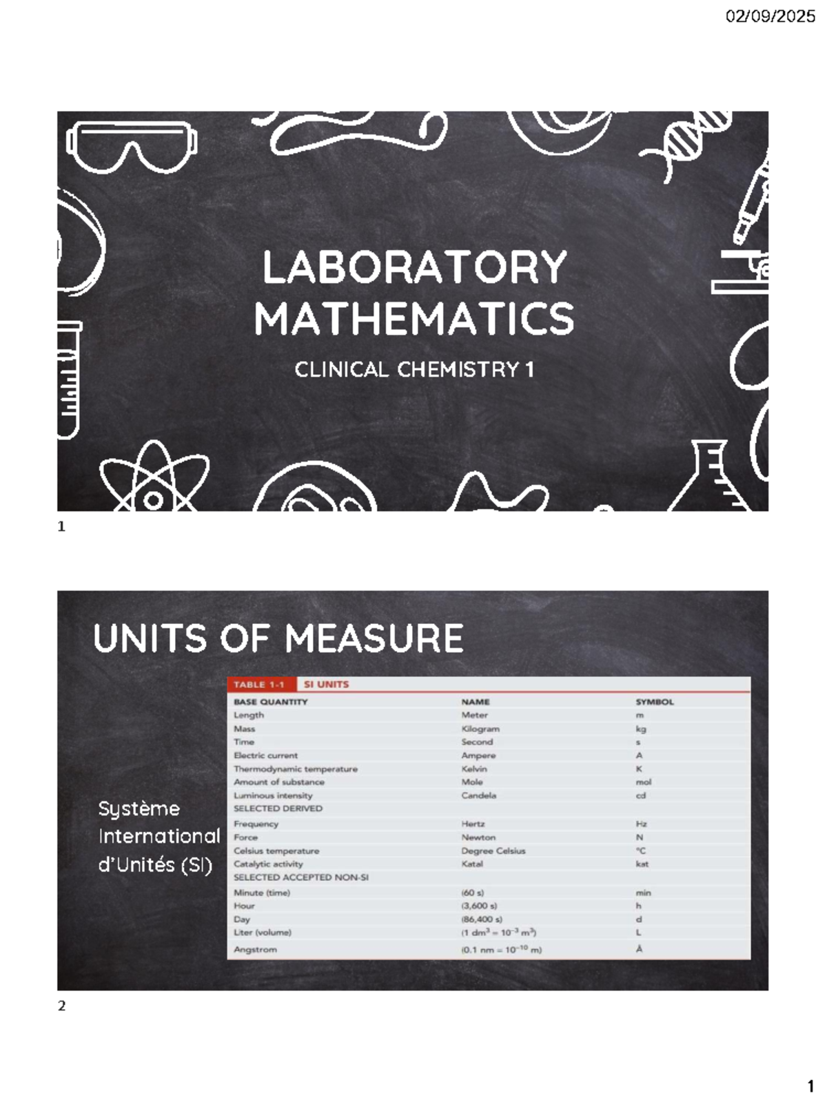 LAB 1: Clinical Chemistry - Units, Conversions & Molarity Notes - Studocu