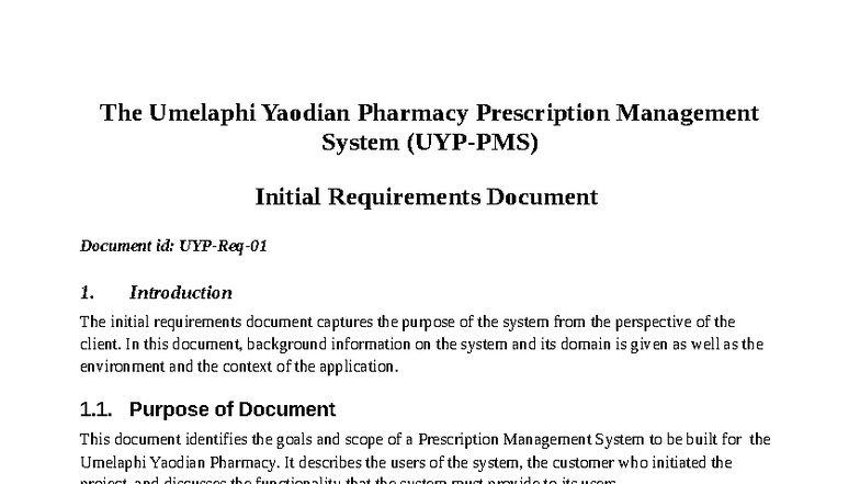 Initial Requirements for UYP Pharmacy Prescription System - Studocu