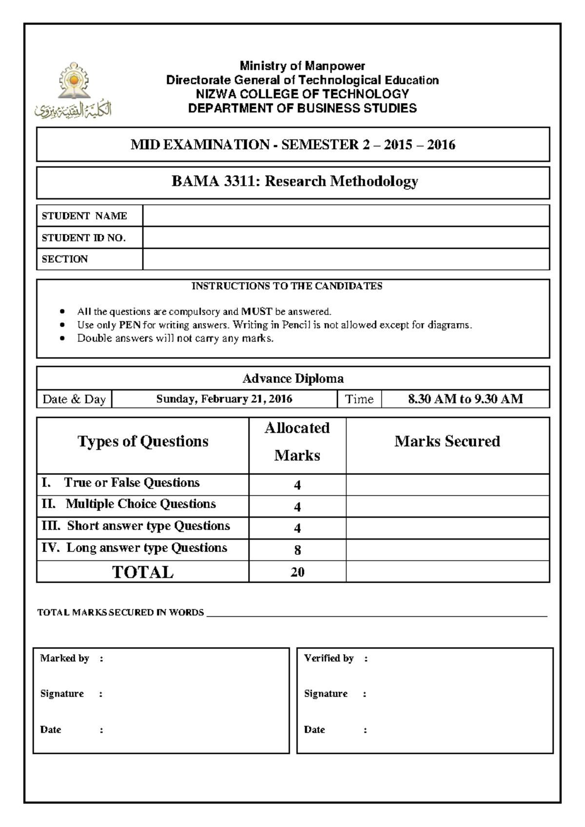 BAMA 3311: Model Mid Exam - Research Methodology (Semester 2) - Studocu