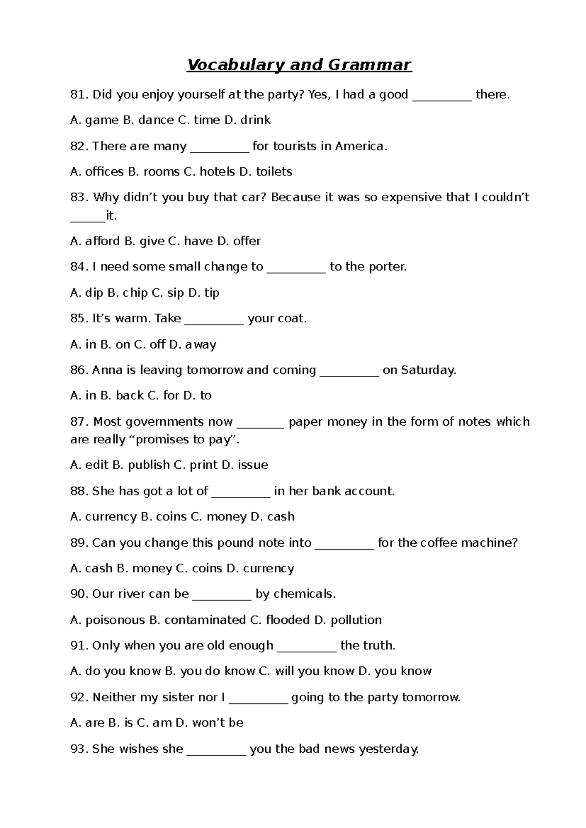 Vocabulary and Grammar Quiz 81-155 - Studocu