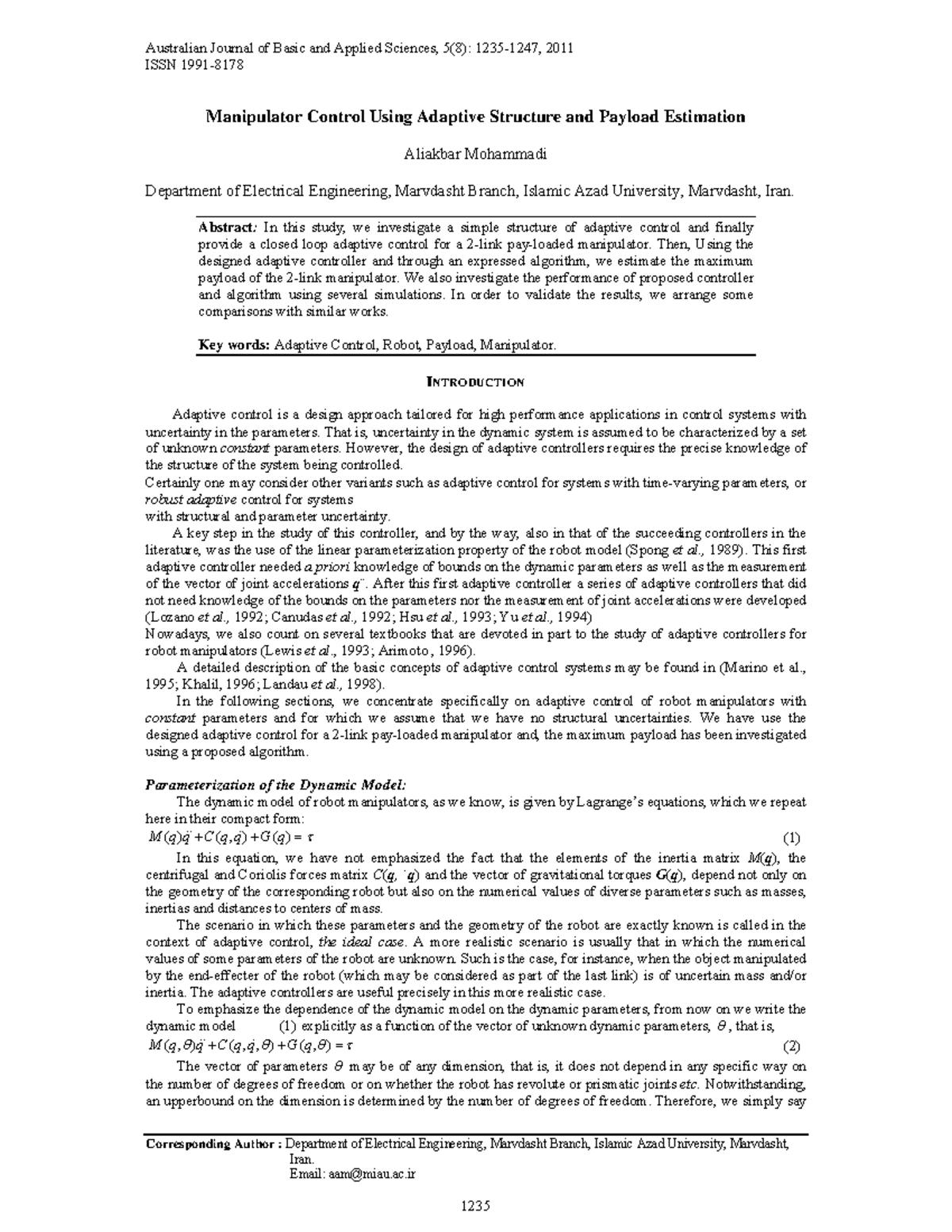 Adaptive Control and Payload Estimation for Manipulators (EE 1235 ...
