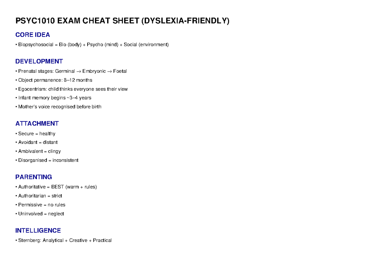 PSYC1010 EXAM CHEAT SHEET: Key Concepts in Biopsychosocial Development ...
