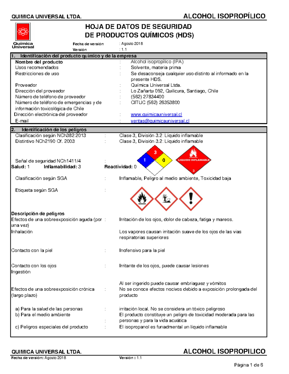 HOJA DE DATOS DE SEGURIDAD (HDS) - Alcohol Isopropílico - Studocu