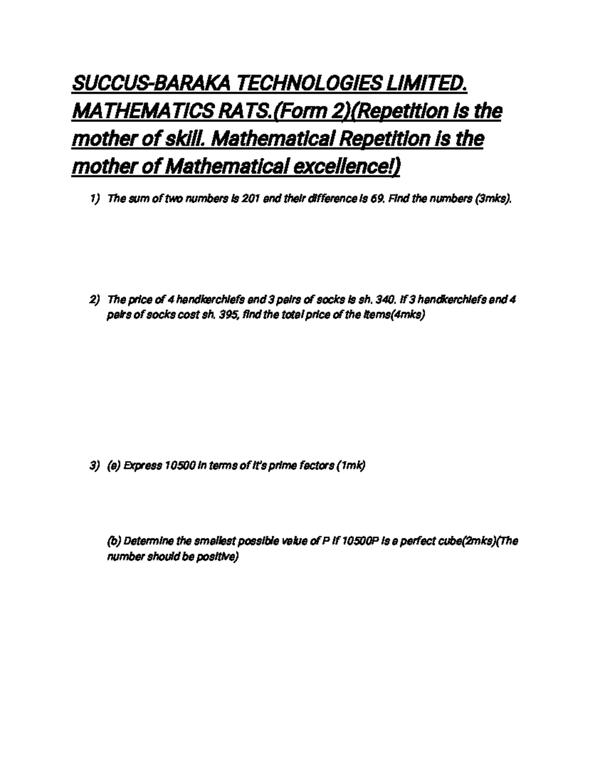 Speed Test 3 - Mathematics RATS (Form 2) Practice Problems - Studocu